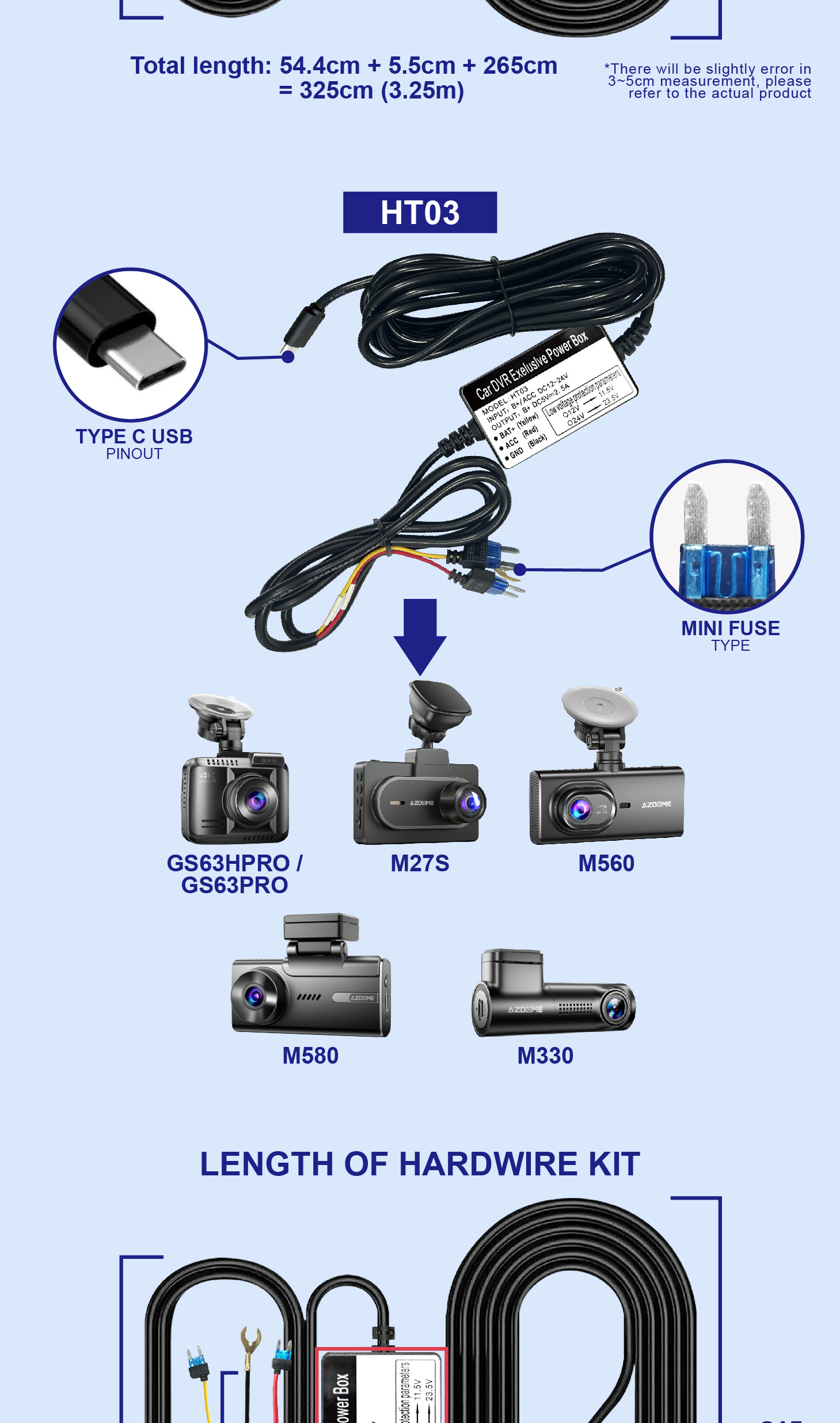 AZDOME Hardwire Kit Mini USB Micro USB Type C for Azdome Dash Cam HM03R ...