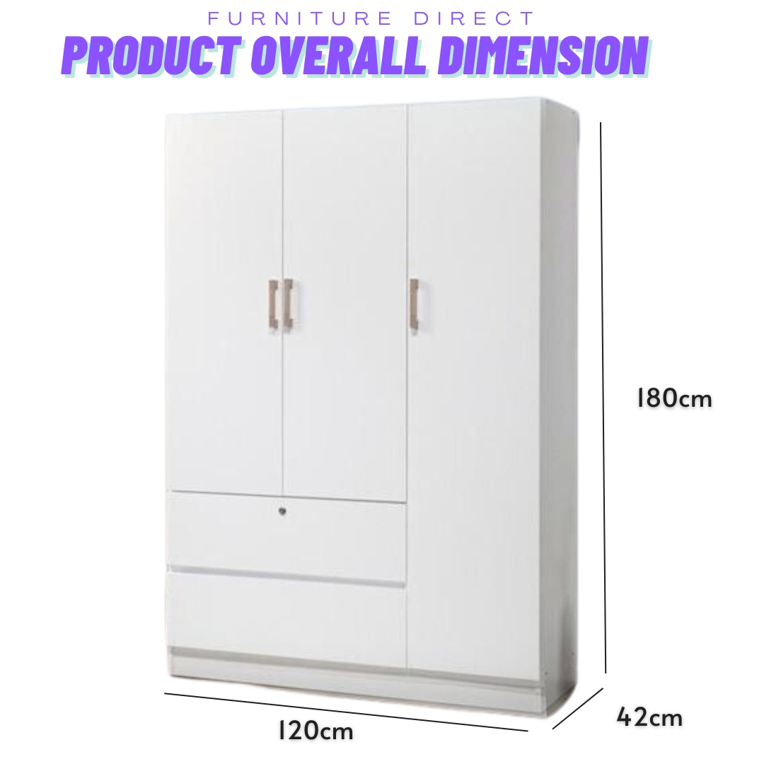 Furniture Direct ALVA 120cm 3 Door 2 Drawers Wardrobe With Key Lock ...