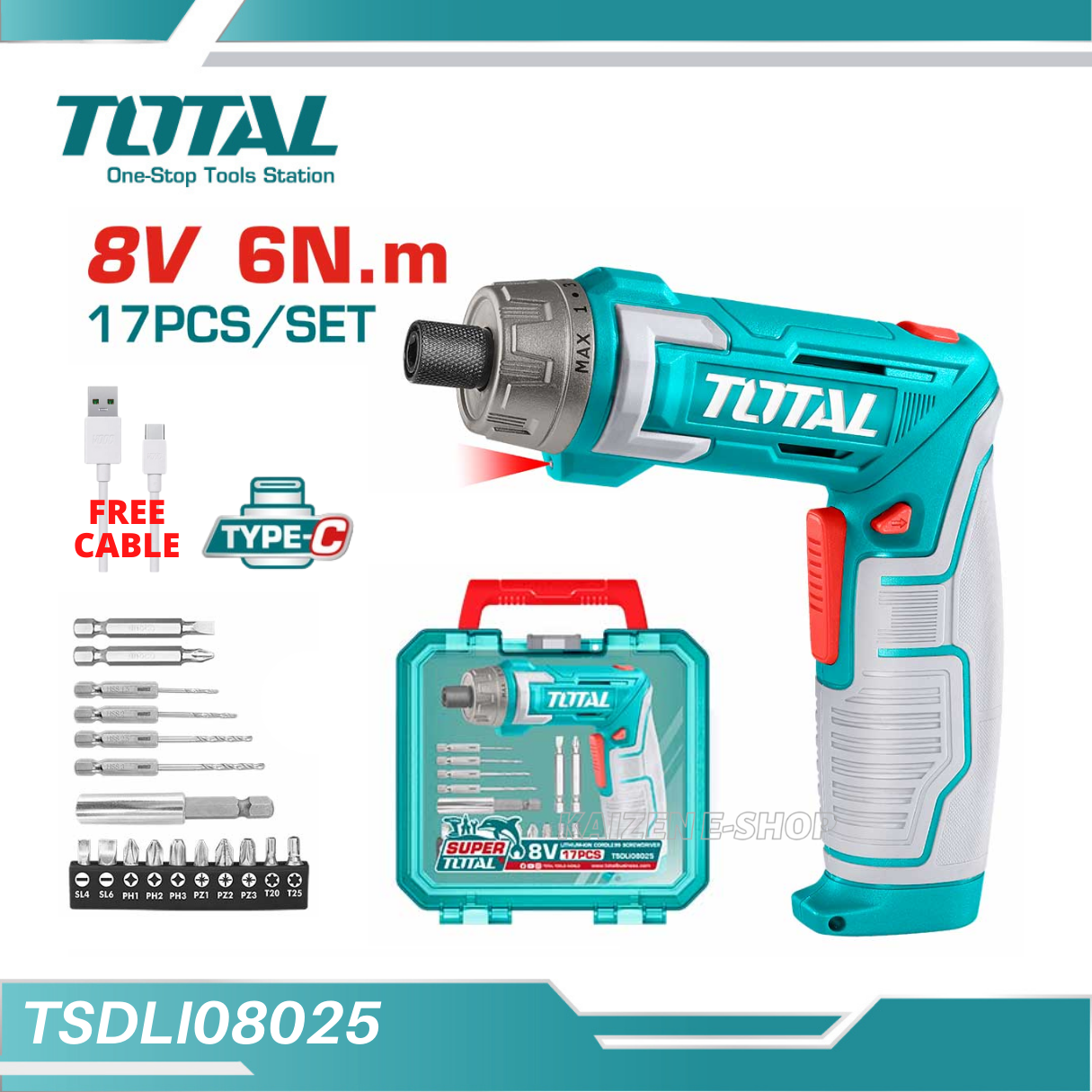 TOTAL TSDLI08025 8V Li-ion Cordless Screwdriver 6 N.M + FREE CABLE ...