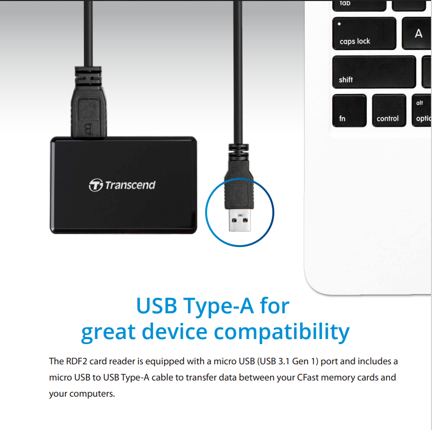 Transcend RDF2 Card Reader CFast | USB 3.1 microUSB to Type A (Black ...