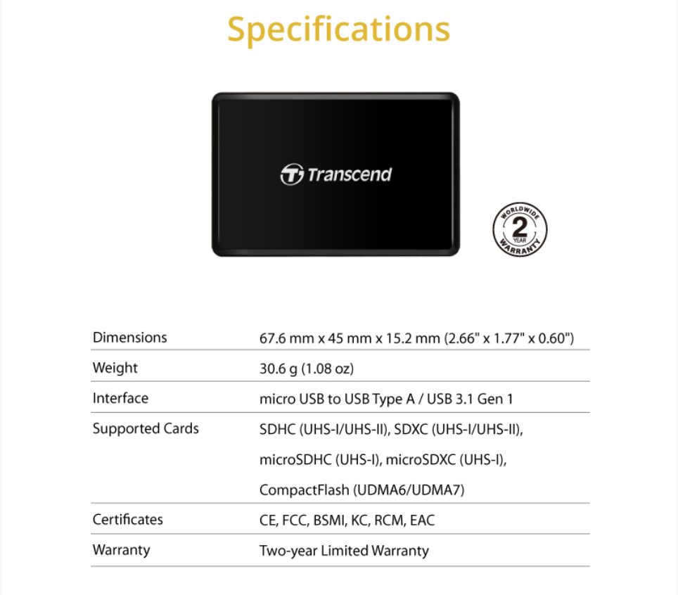 Transcend RDF9 Card Reader SD/microSD/CF | USB 3.1 microUSB to Type A ...