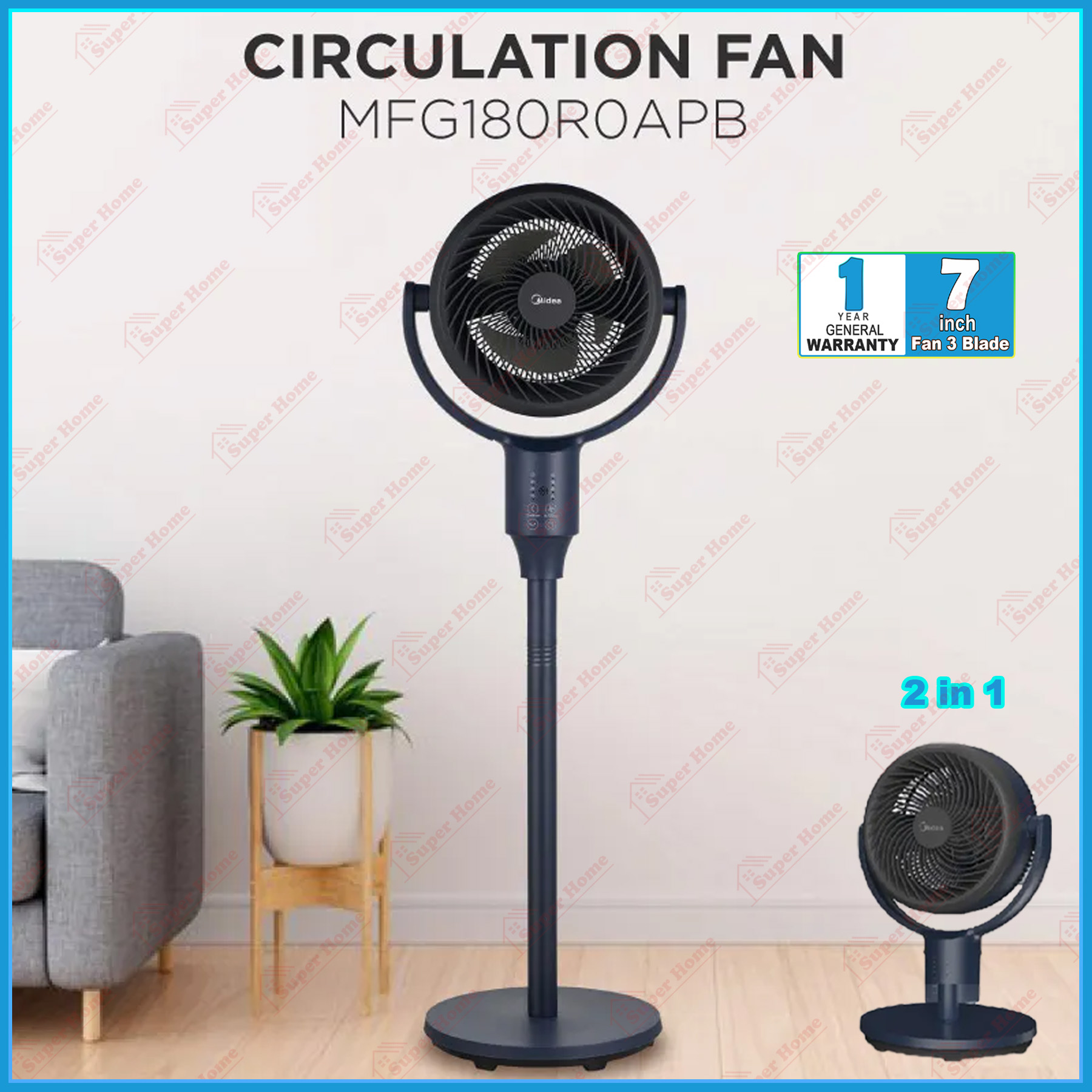 Midea Circulation Stand Fan MFG180R0APB 3 Blades 7 Inch Circulation Fan ...