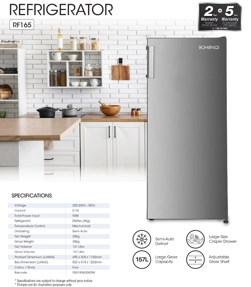 [SEDA] Khind 156L RF165 / Midea 163L 1 Door Fridge MDRD229FGD42-MY ...