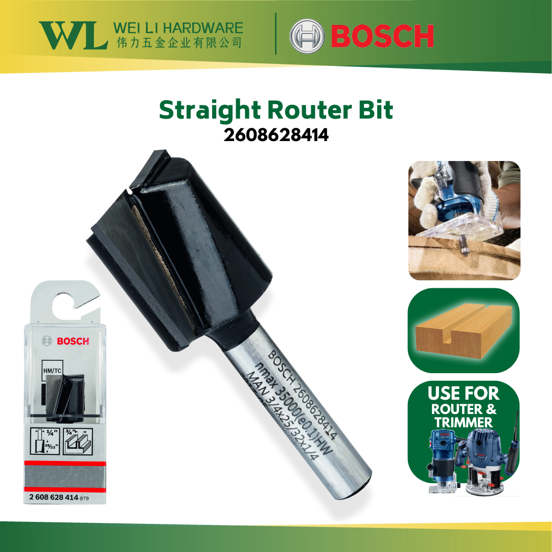 BOSCH 1/4" Straight Router Bit (Carbide-Tipped)2608628414/ mata router ...