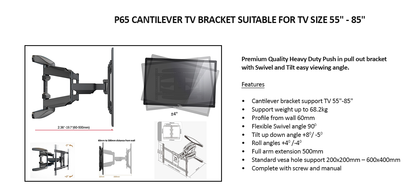 P65 Cantilever Full Motion Bracket for TV Size 55" - 85" | Shopee Malaysia