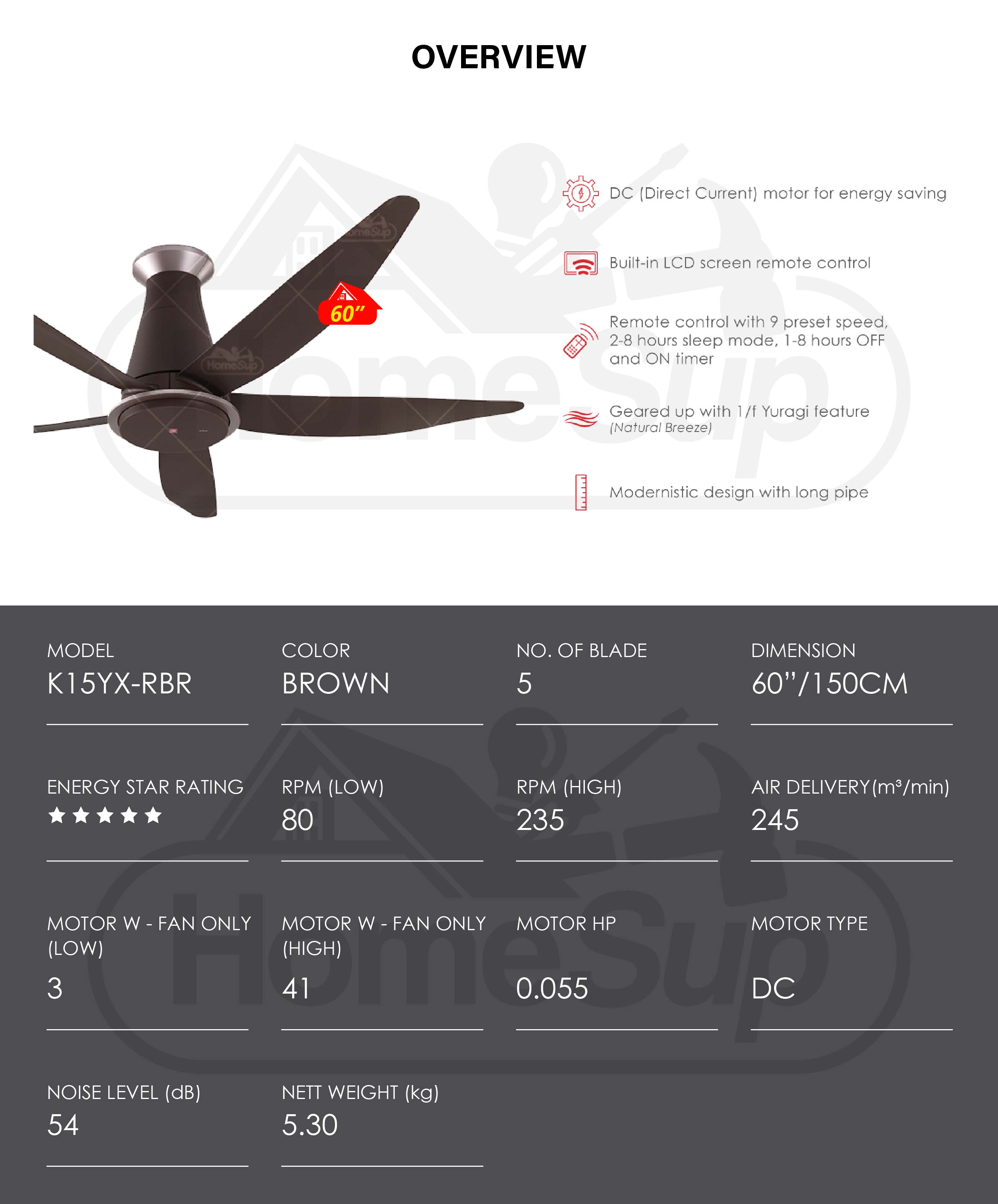 KDK K15yx-rbr Ceiling Fan – 60 Inch, Long Pipe, DC, Remote Control ...