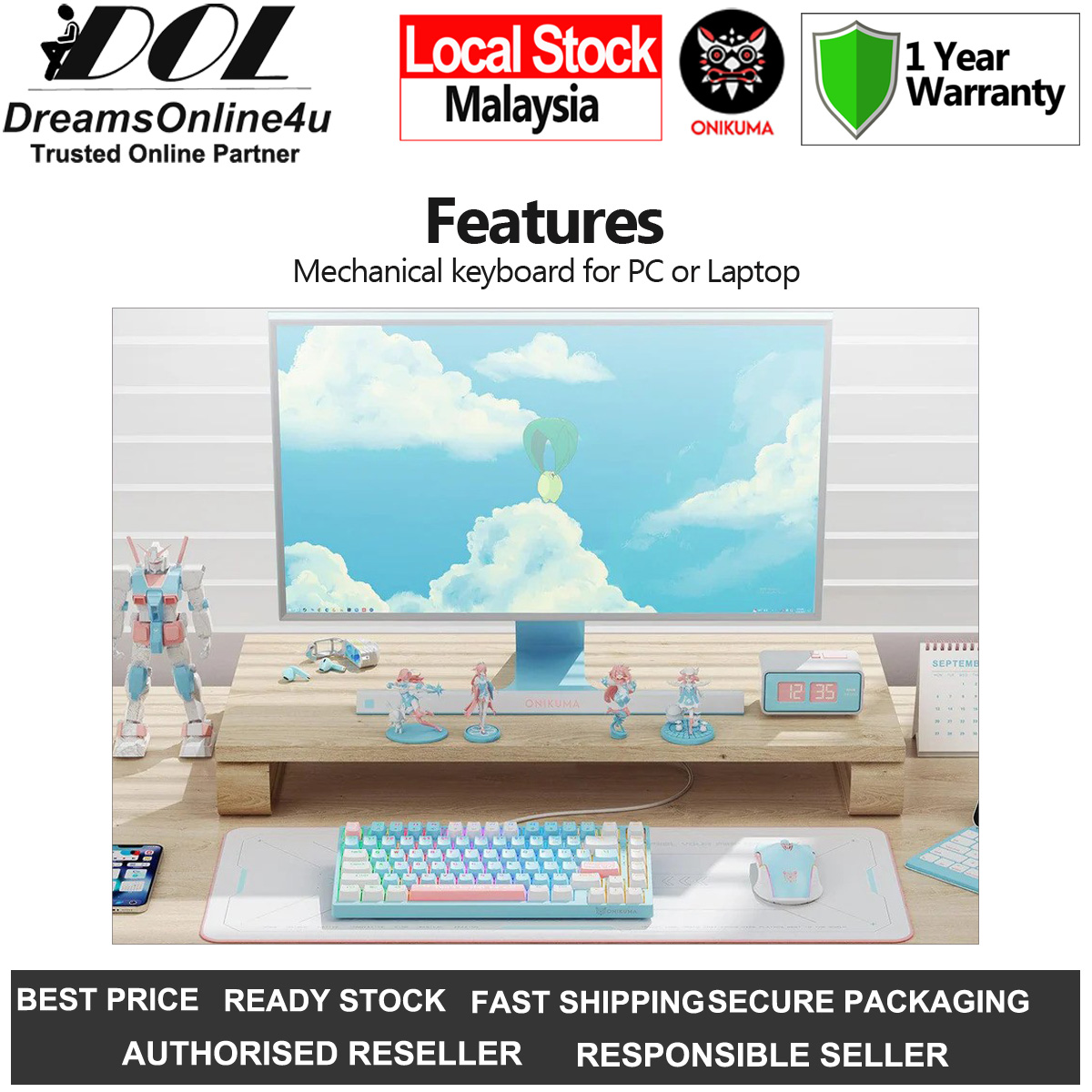 ONIKUMA G52 Compact Detachable USB Wired 82-Key Brown Switch Anti-Ghosting RGB Mechanical ...