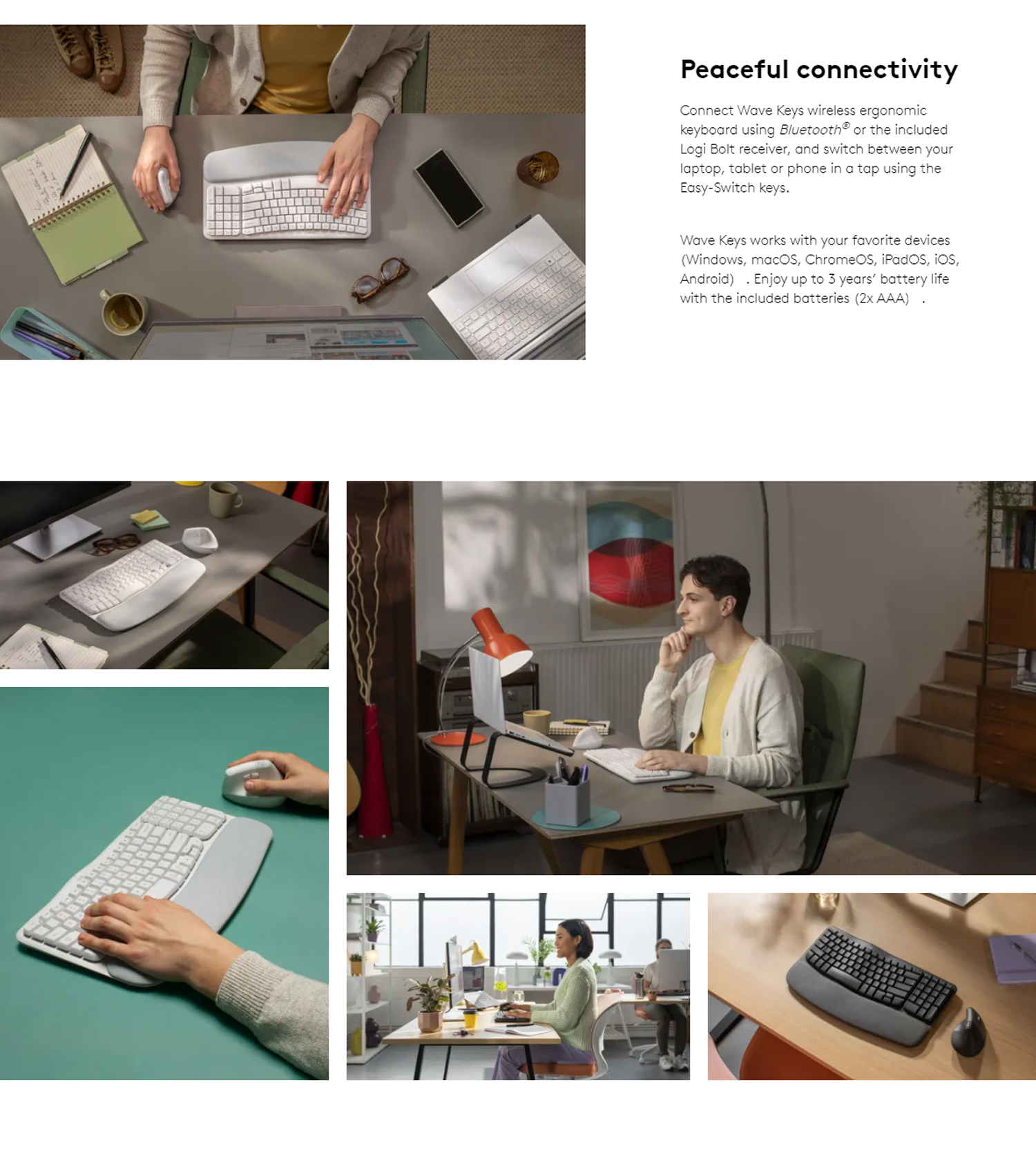 Logitech Wave Keys Wireless Ergonomic Keyboard with Cushioned Palm Rest ...