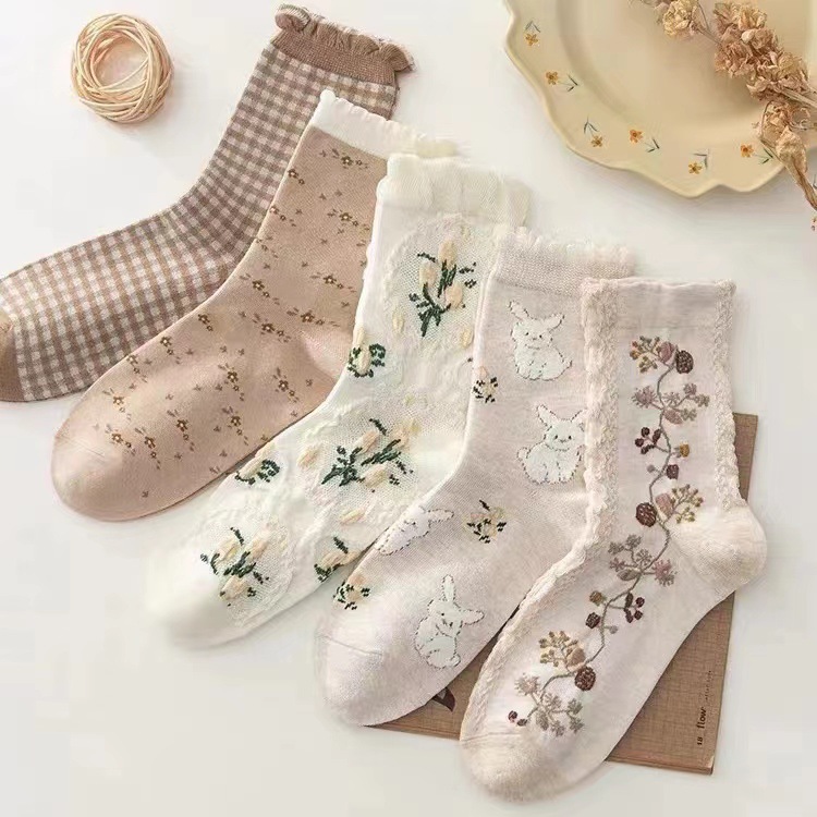 Mrs.socks Brown Flower Pattern Corak Ins Cute Sock Long Socks Women ...
