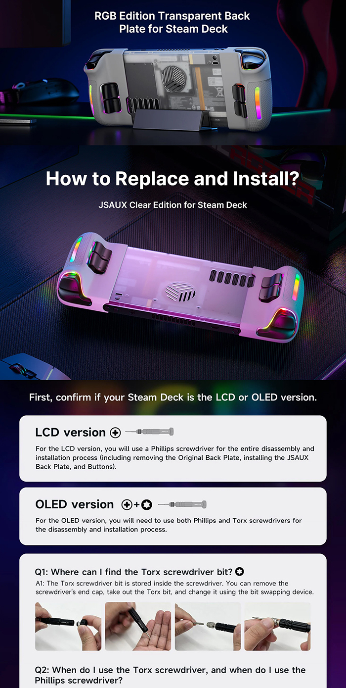 JSAUX PC0106C Transparent Back Plate for Steam Deck OLED RGB & Vents ...