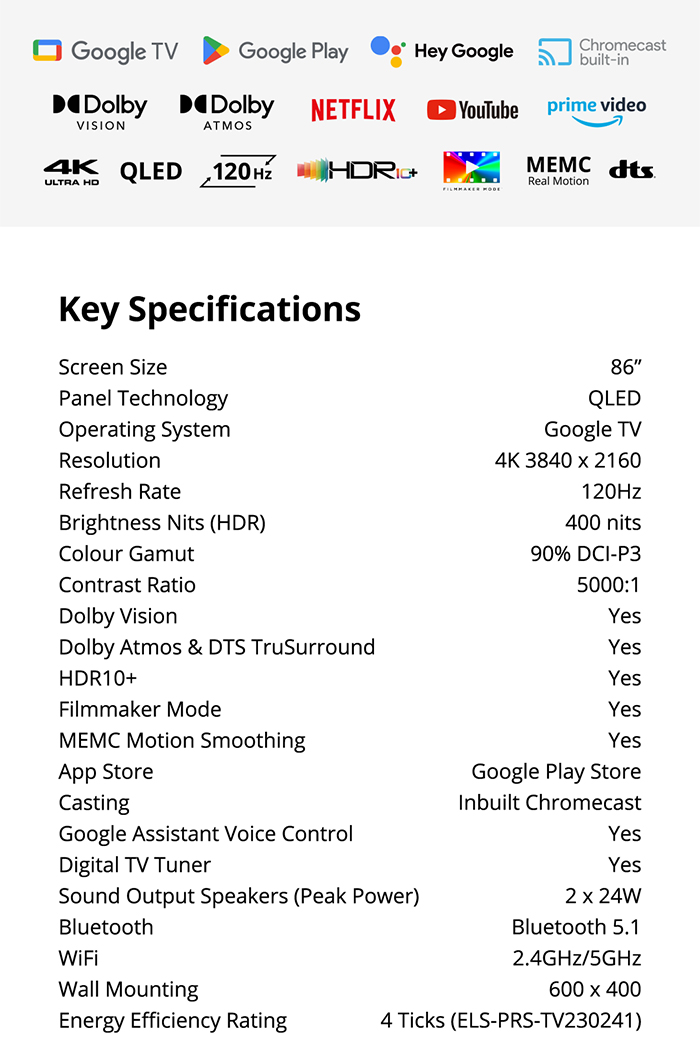 PRISM+ Q86 ULTRA 4K QLED Google TV 86 inch Quantum Colors Google ...