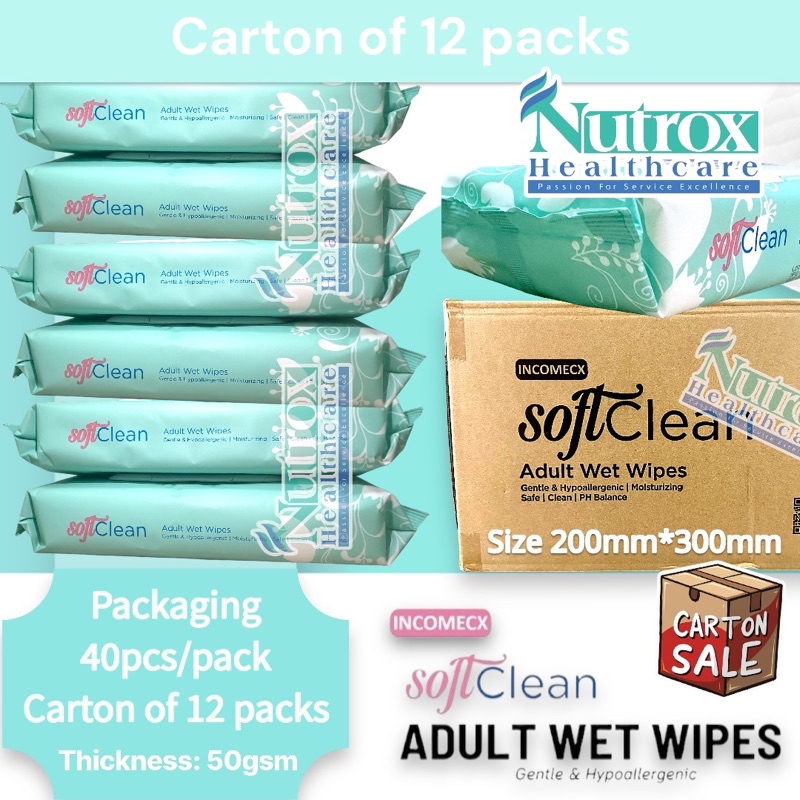 softClean Gentle Wet Wipes 40'S (1 CARTON OF 12 PACKS) 200mm*300mm ...
