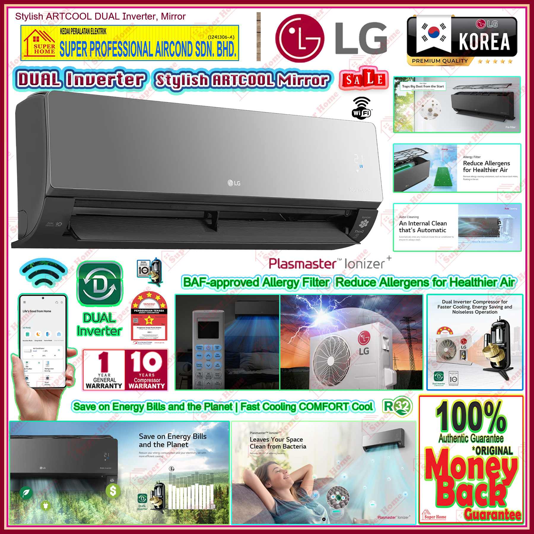 LG ACTCOOL 1.5HP DUAL Inverter Air Conditioner S3-Q12JARPA Stylish ARTCOOL Mirror Series ...