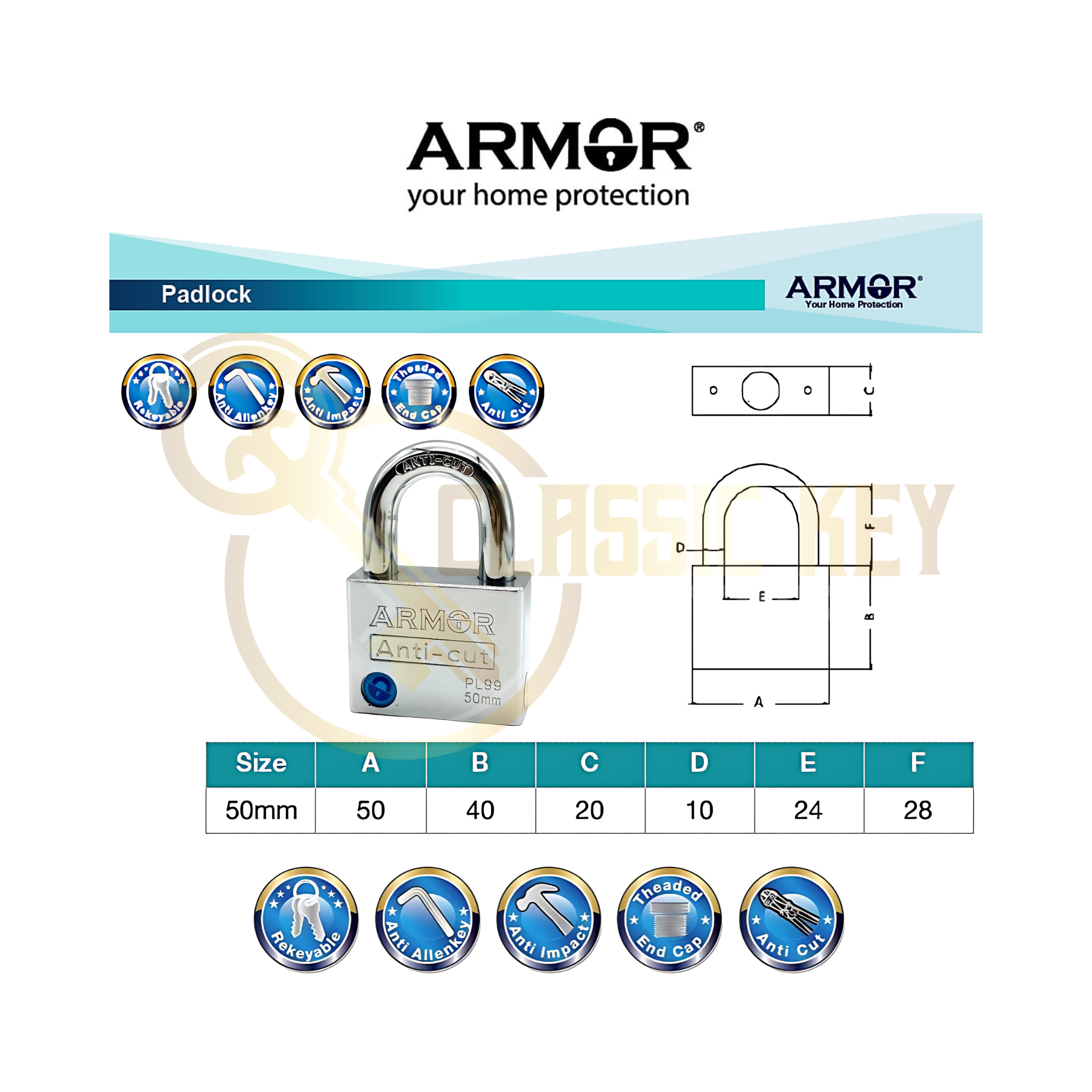 ARMOR Padlock Hardened Steel Body Anti Cut APL-99 (Size 50mm x 3pcs ...