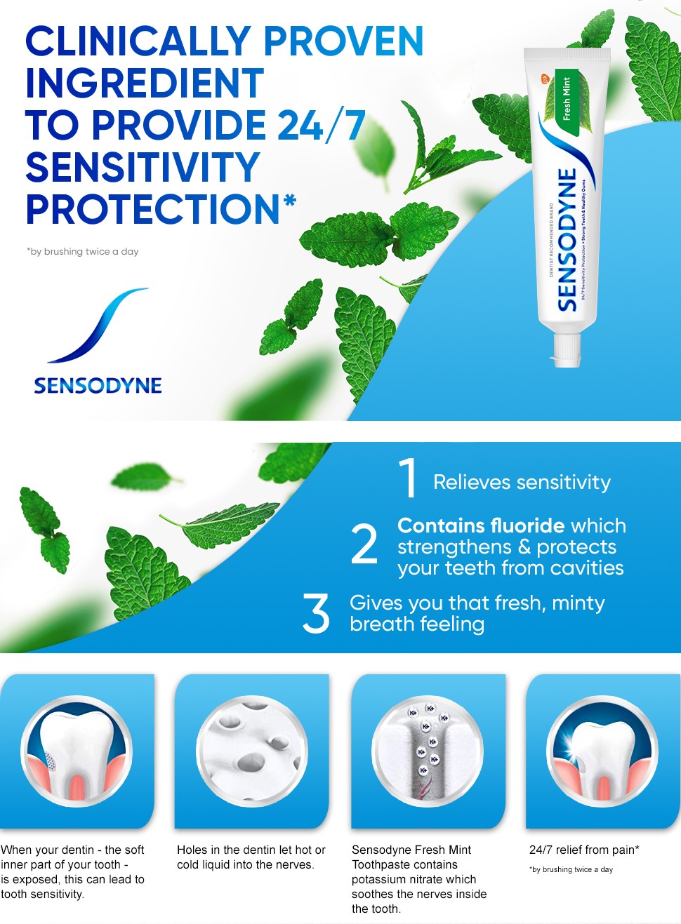 Sensodyne Fresh Mint 24/7 Sensitivity Protection Fluoride Toothpaste ...