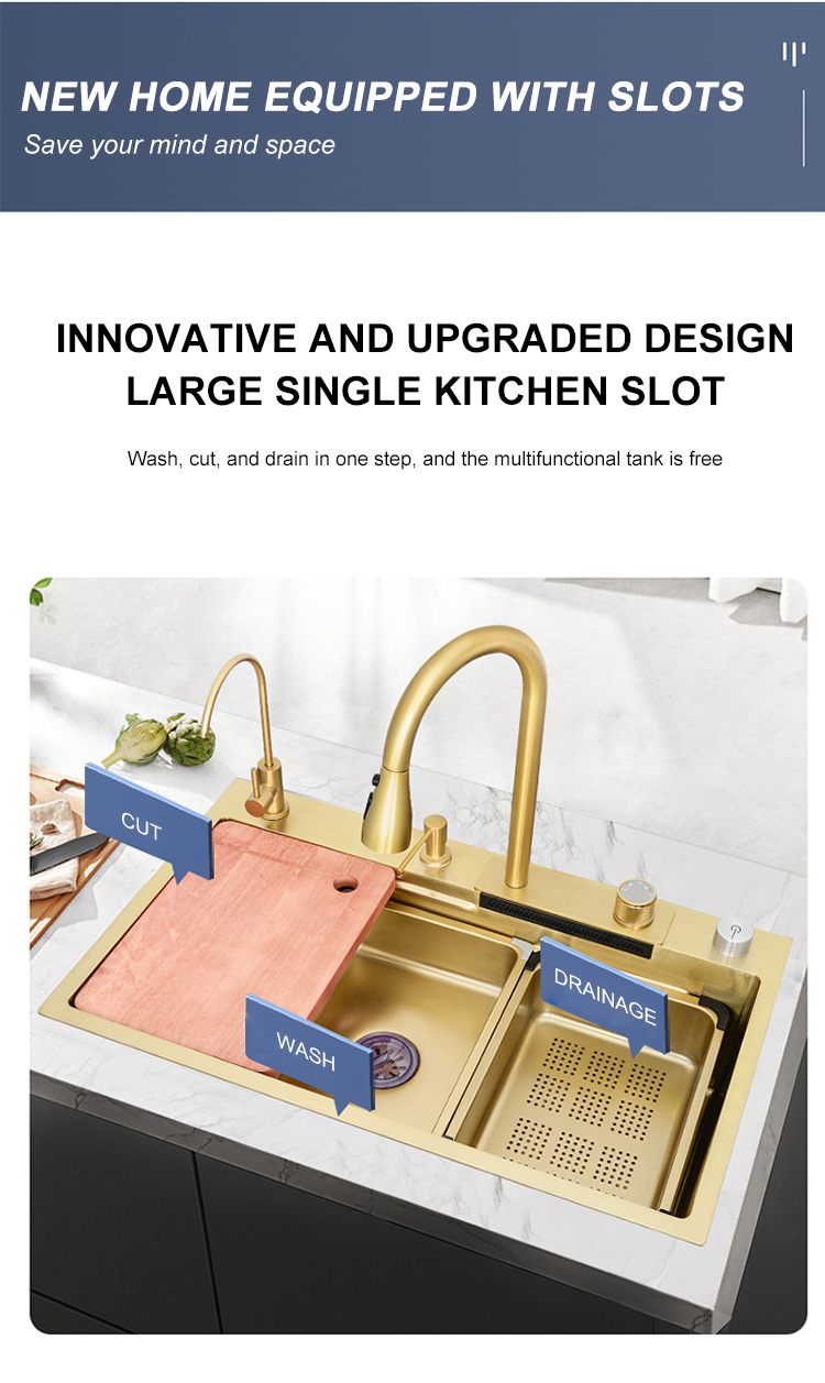 [BUY 1 FREE 10 GIFTS] Waterfall Kitchen Sink Gold 304 Stainless Steel ...