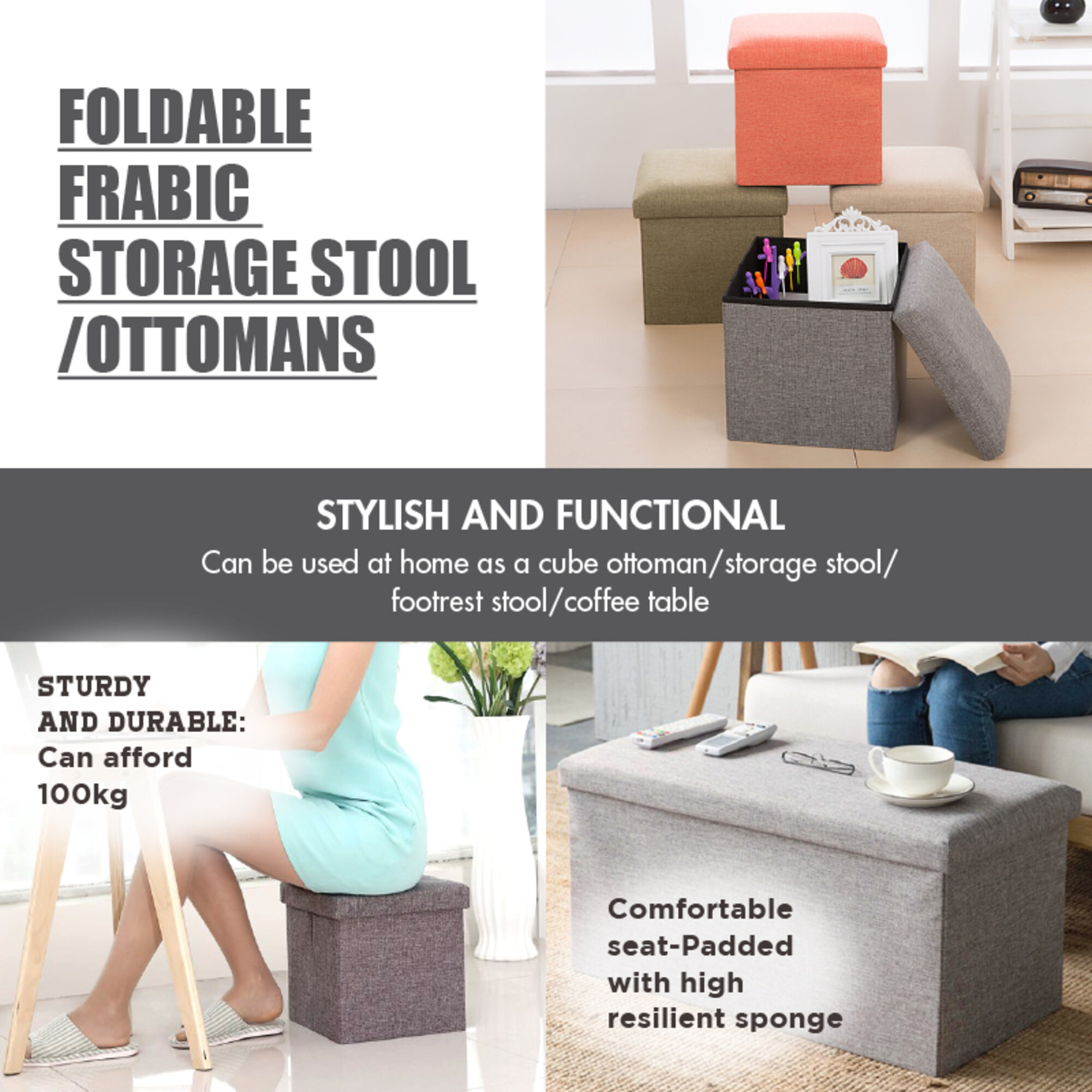 HOUZE - Foldable Fabric Storage Stool - Grey/Khaki | Shopee Malaysia