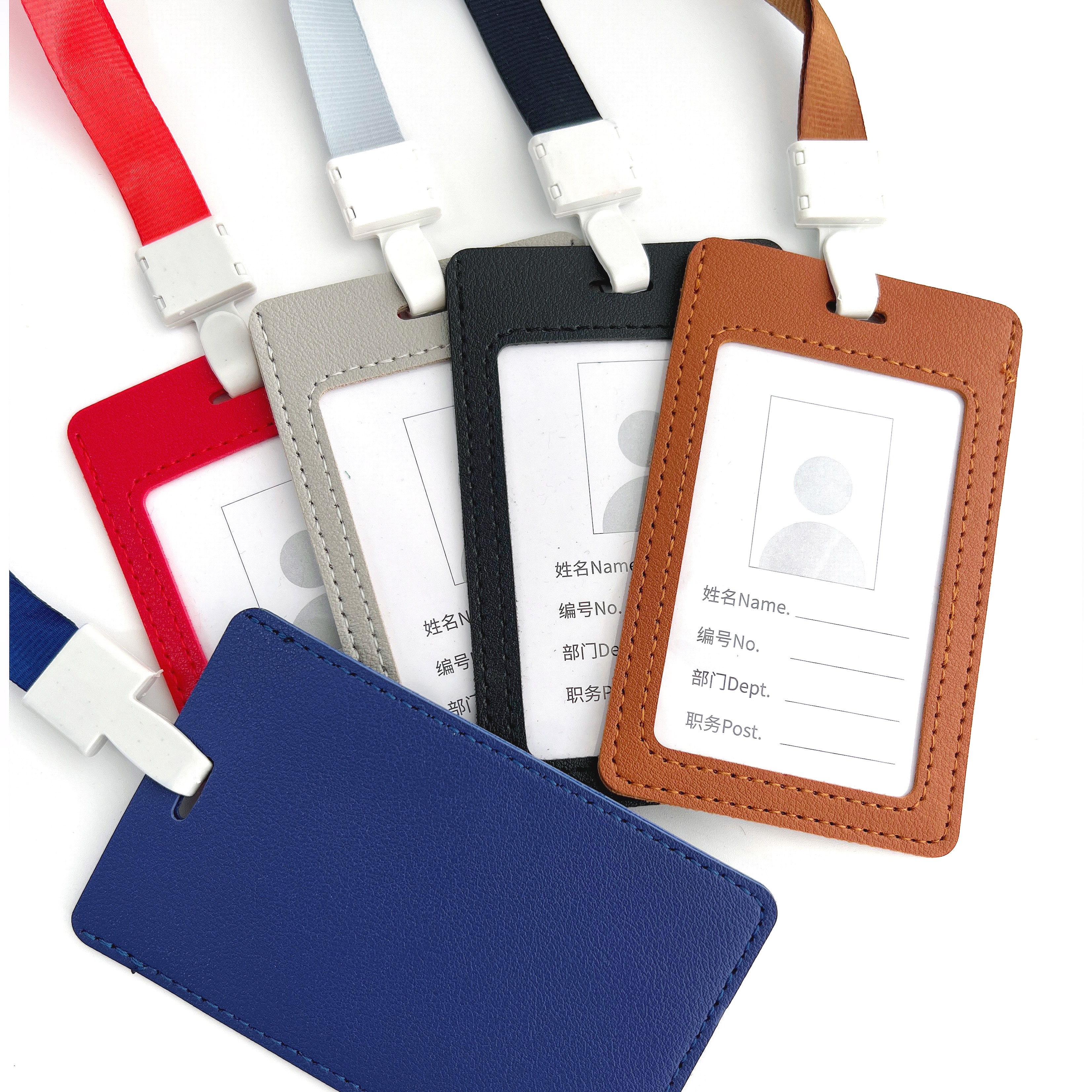 ID Card Holder PU Leather Work Case Badge Holder Neck Lanyard Strap ...