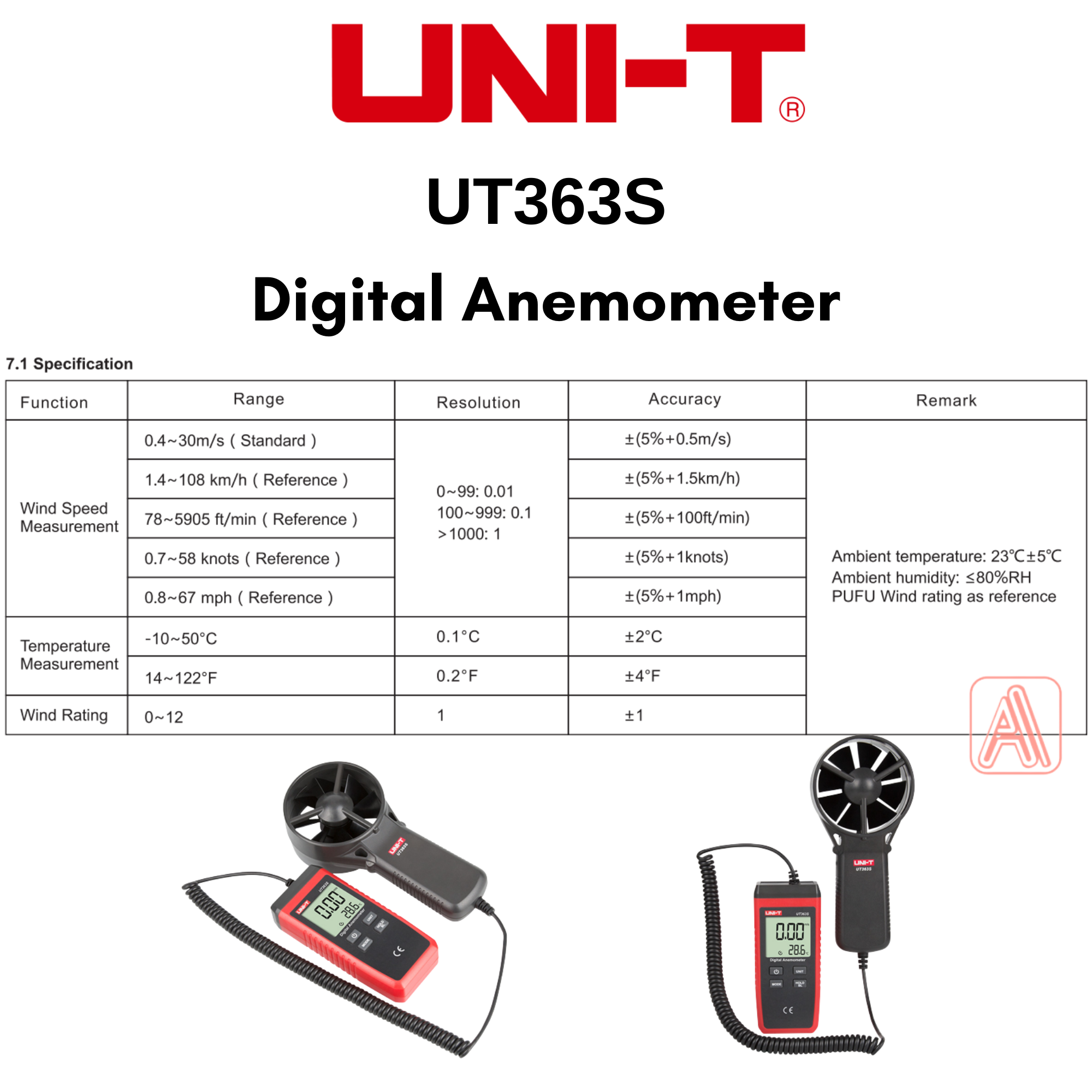 UNI-T UT363 /UT363S -10°C~50°C Mini Wind Speed Anemometer 0~30m/s ...