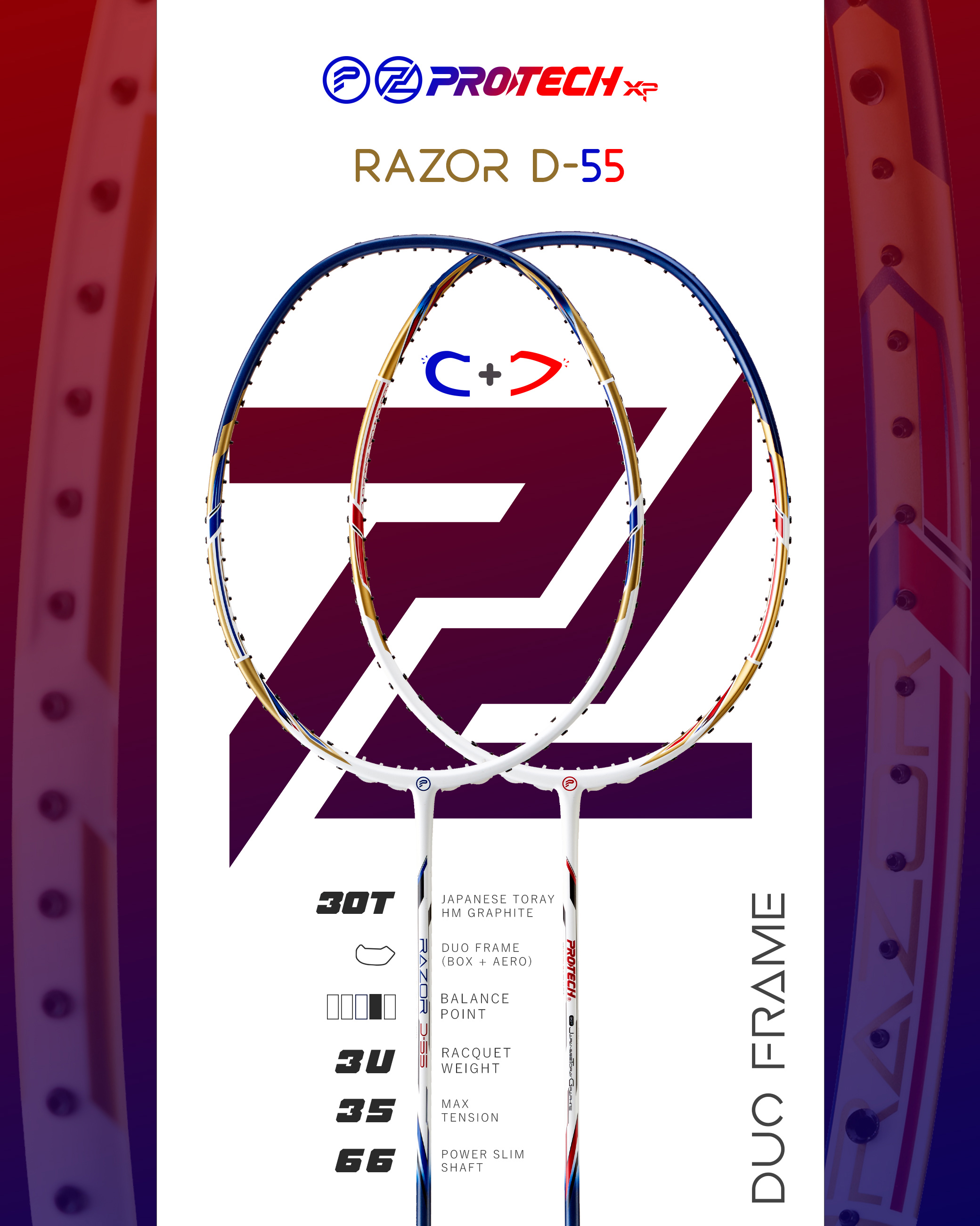 PROTECH Badminton Racket Razor D-55 Duo Frame (3UG1) (MAX 35LBS) (FREE ...