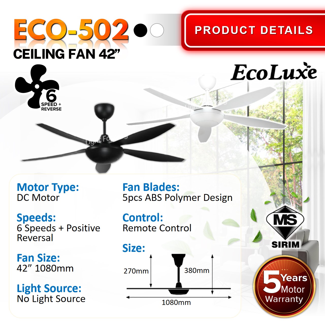ECOLUXE ECO-502 42'' Baby Fan | ECO-503 56'' DC Motor 5 Blades with 6 ...