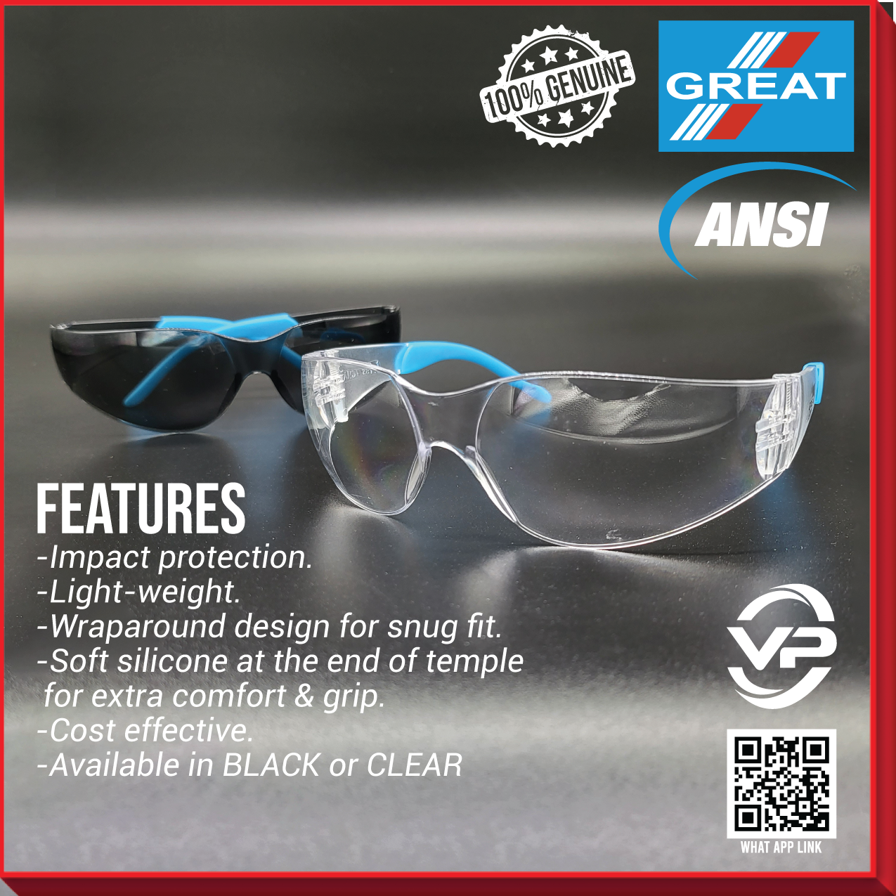 GREAT 8115743 8115745 ANSI SAFETY GLASSES CLEAR BLACK SAFETY SPEC ...