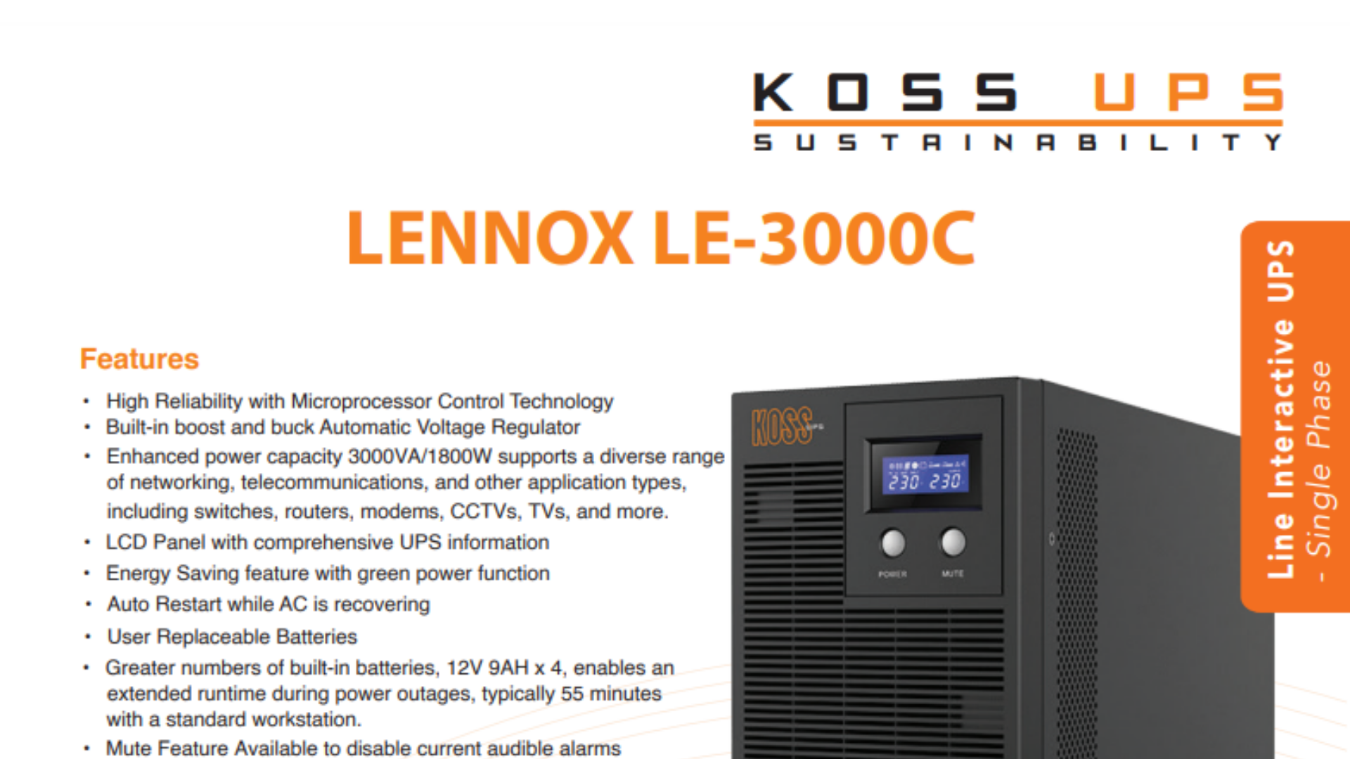 KOSS Lennox 3000VA 1800W Uninterruptible Power Supply UPS 12V 9Ah x 4 ...