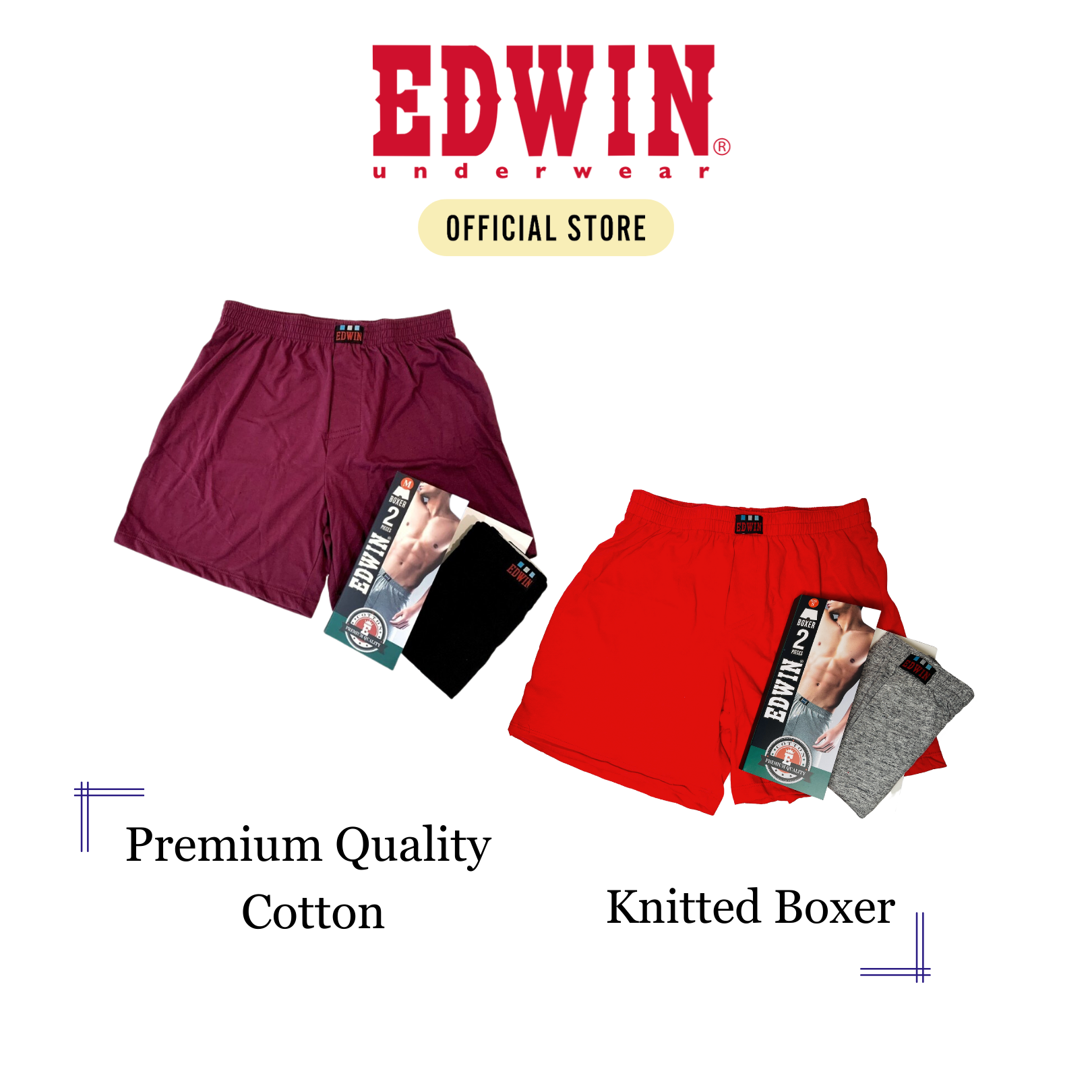 EV2042-2🩳EDWIN Boxer Lelaki Bertekstur Lembut – Knitted Boxer 2 Helai ...