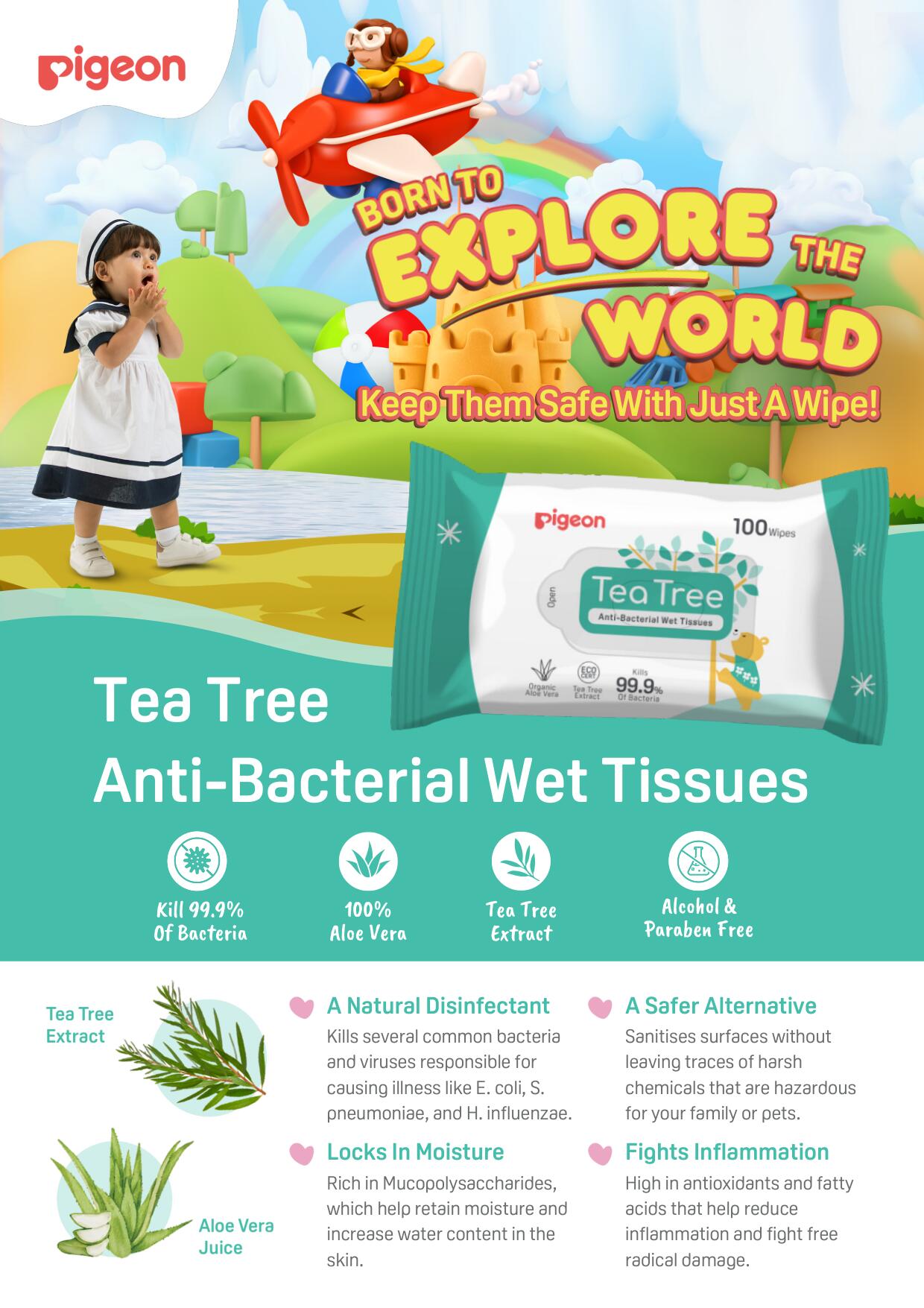 Pigeon Tea Tree Anti-Bacterial Wet Tissues ( 100 Wipes x 2 Packs ...