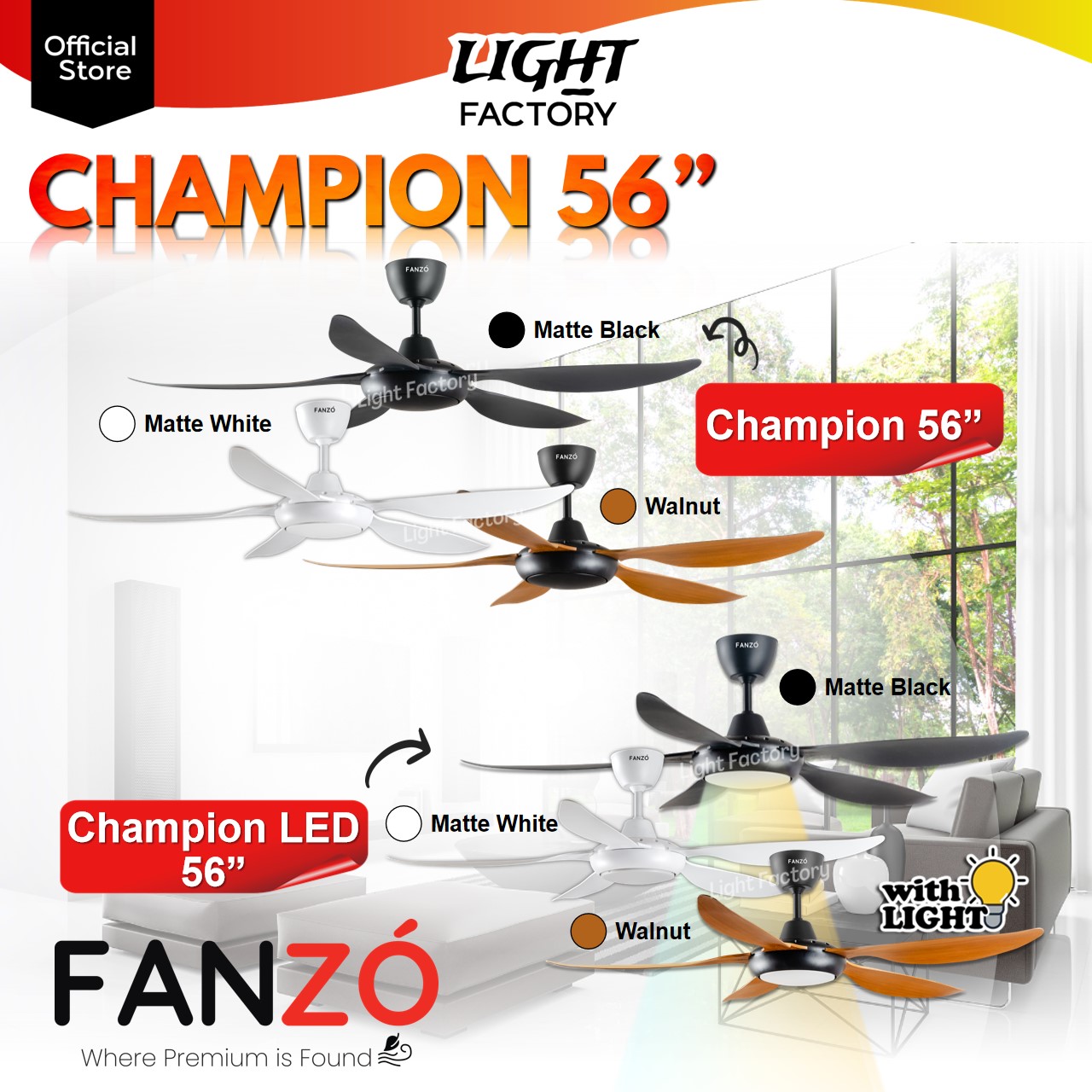 FANZÓ CHAMPION 56" Kipas Siling | FANZO CHAMPION LED 5 Blade DC Motor ...