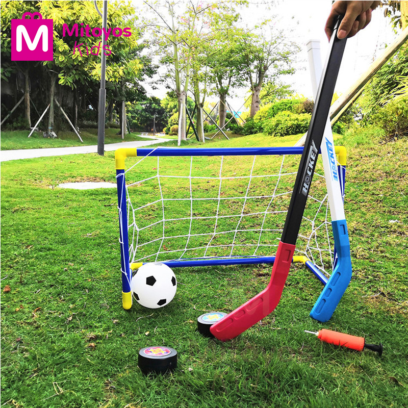 Mitoyos Kids 2 in 1 Hockey Football Game Toy Soccer Net Goal Hover Puck Stick Set Belajar Main ...