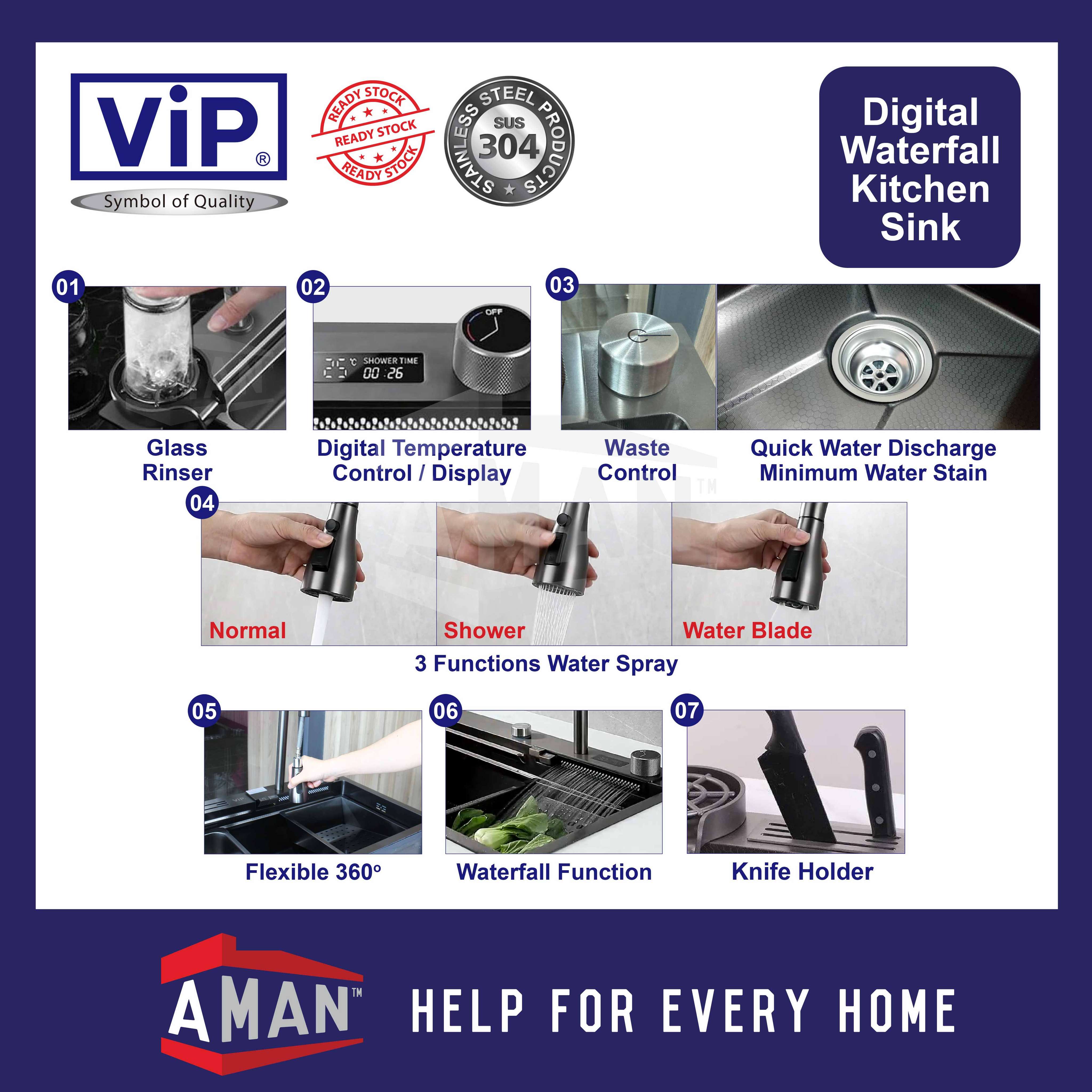 ViP Waterfall Kitchen Sink SUS 304 Stainless Steel Single Bowl Digital ...