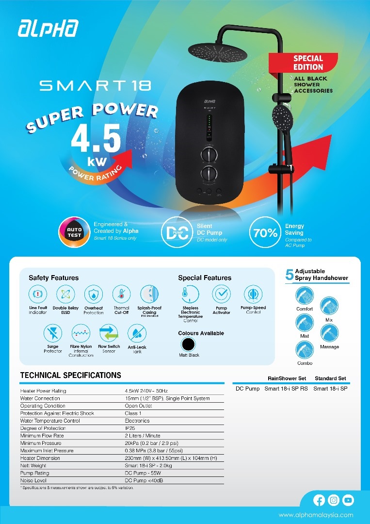 [Free Gift] Alpha Smart 18i Water Heater ELCB Auto Test DC Pump Rain ...