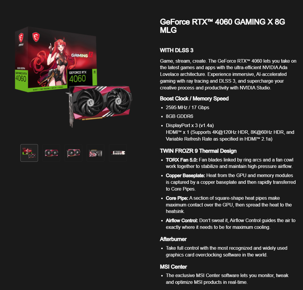 MSI RTX 4060 GAMING X 8G MLG 8GB GDDR6 Nvidia GeForce RTX4060 8G D6 ...