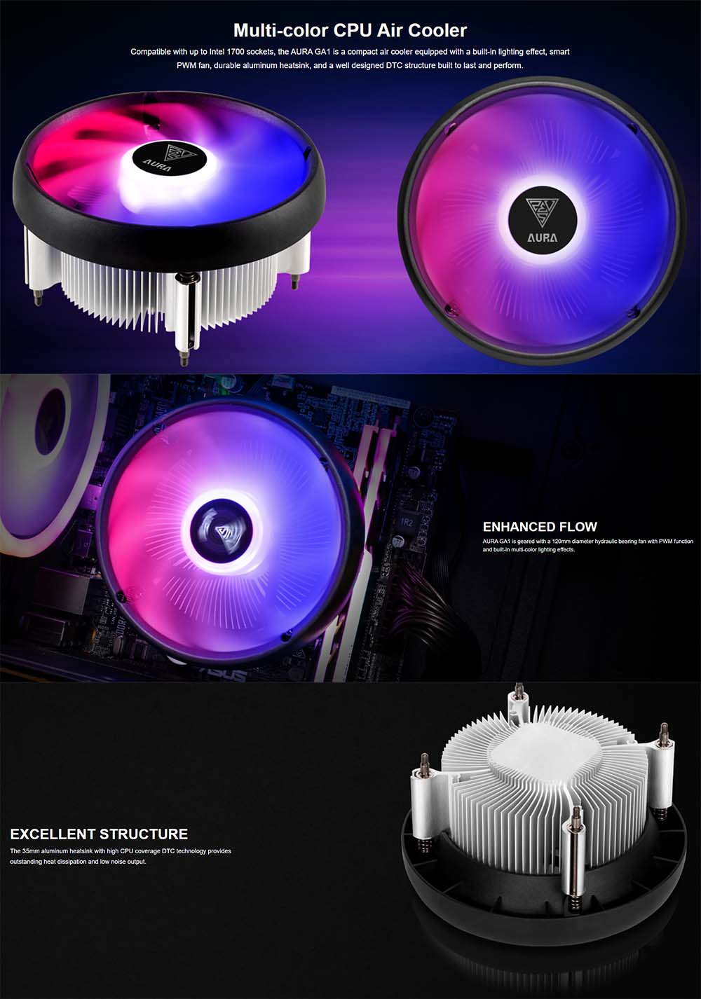 Gamdias AURA GA1 Multi-Color Low Profile Gaming Air CPU Cooler PWM Fan ...