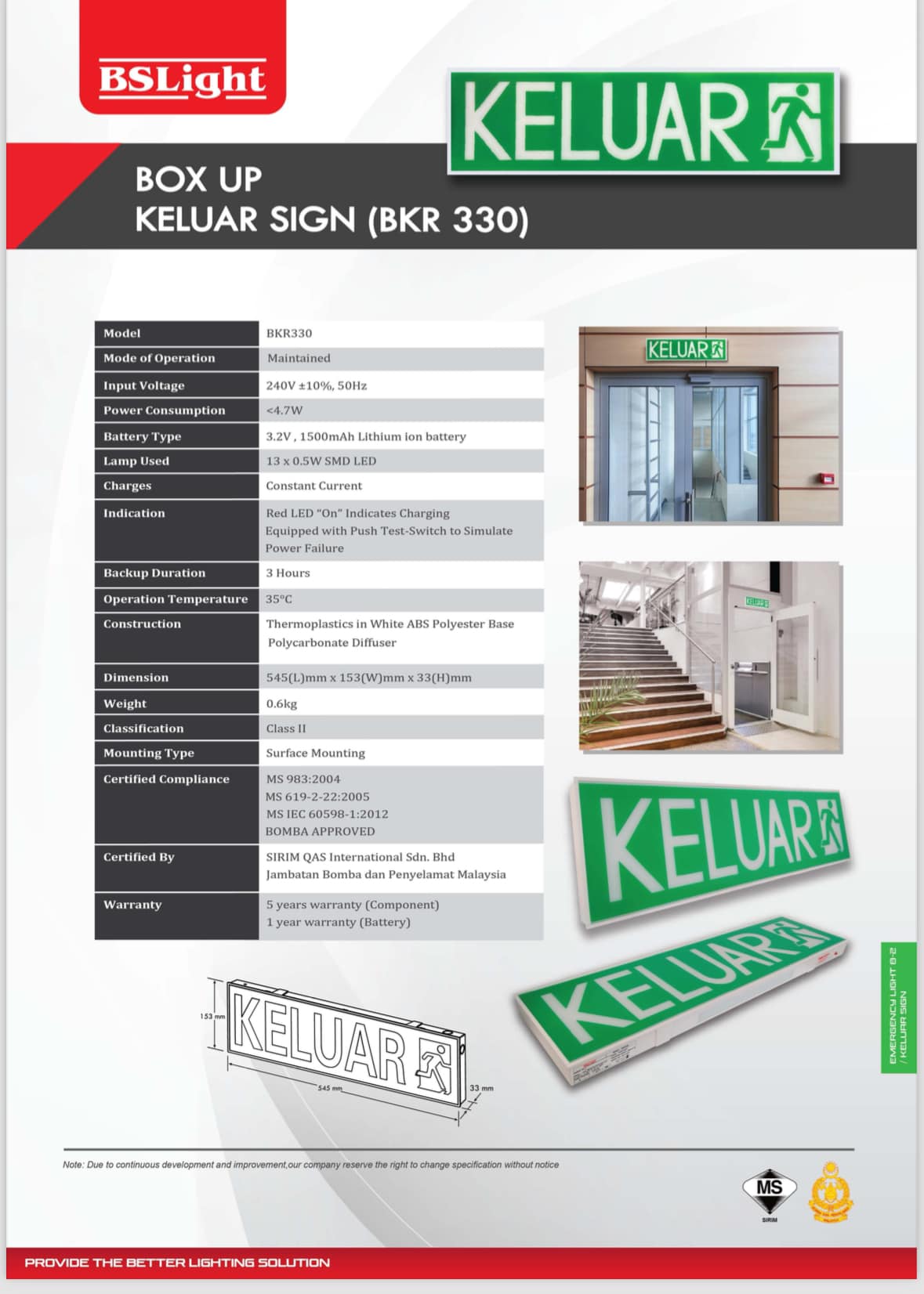 BSLight LED KELUAR Sign BKR330 Wall Type / EXIT Sign Emergency Exit ...
