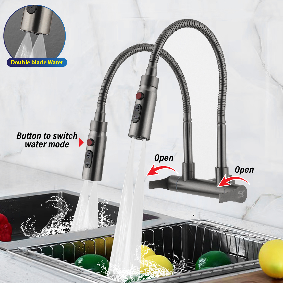 MCPRO SUS304 Stainless Steel GUN GREY Flexible Twin Wall Sink Water Tap ...