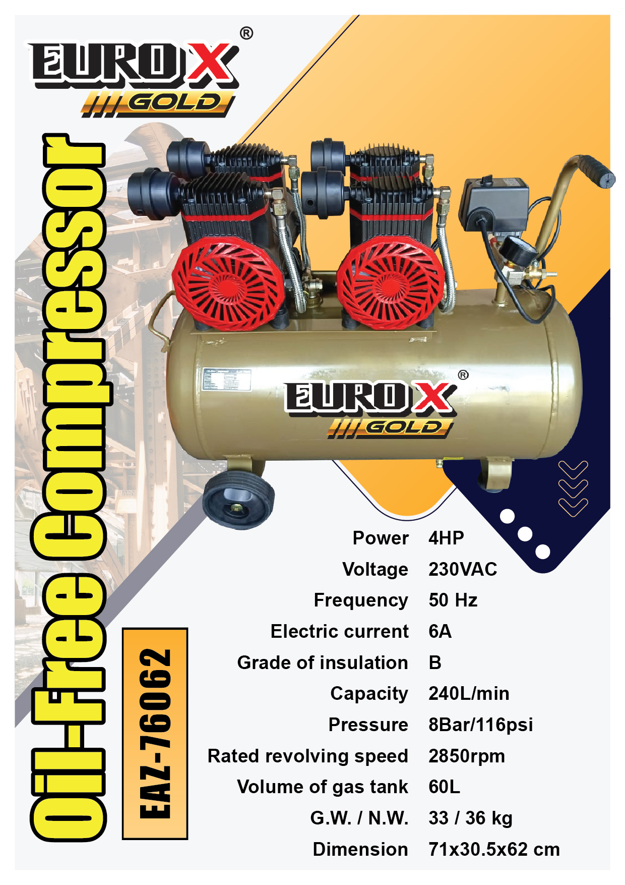 Europower Eurox Gold EAZ76062 Air Tank Oil-Free Air Compressor 4HP 60L | Shopee Malaysia