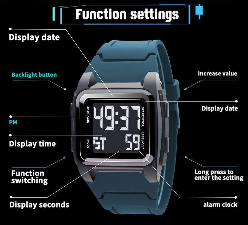 New square big screen retro sports electronic watch men's waterproof ...