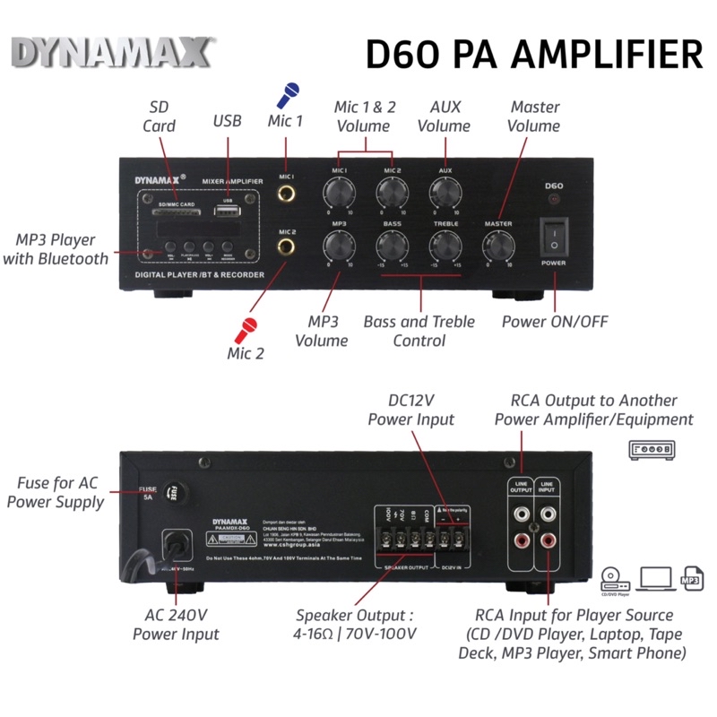 Denn DMA30 Dynamax D60 Amplifier 50W + 2/4/6/8 unit JDM FS202T 2.5 ...