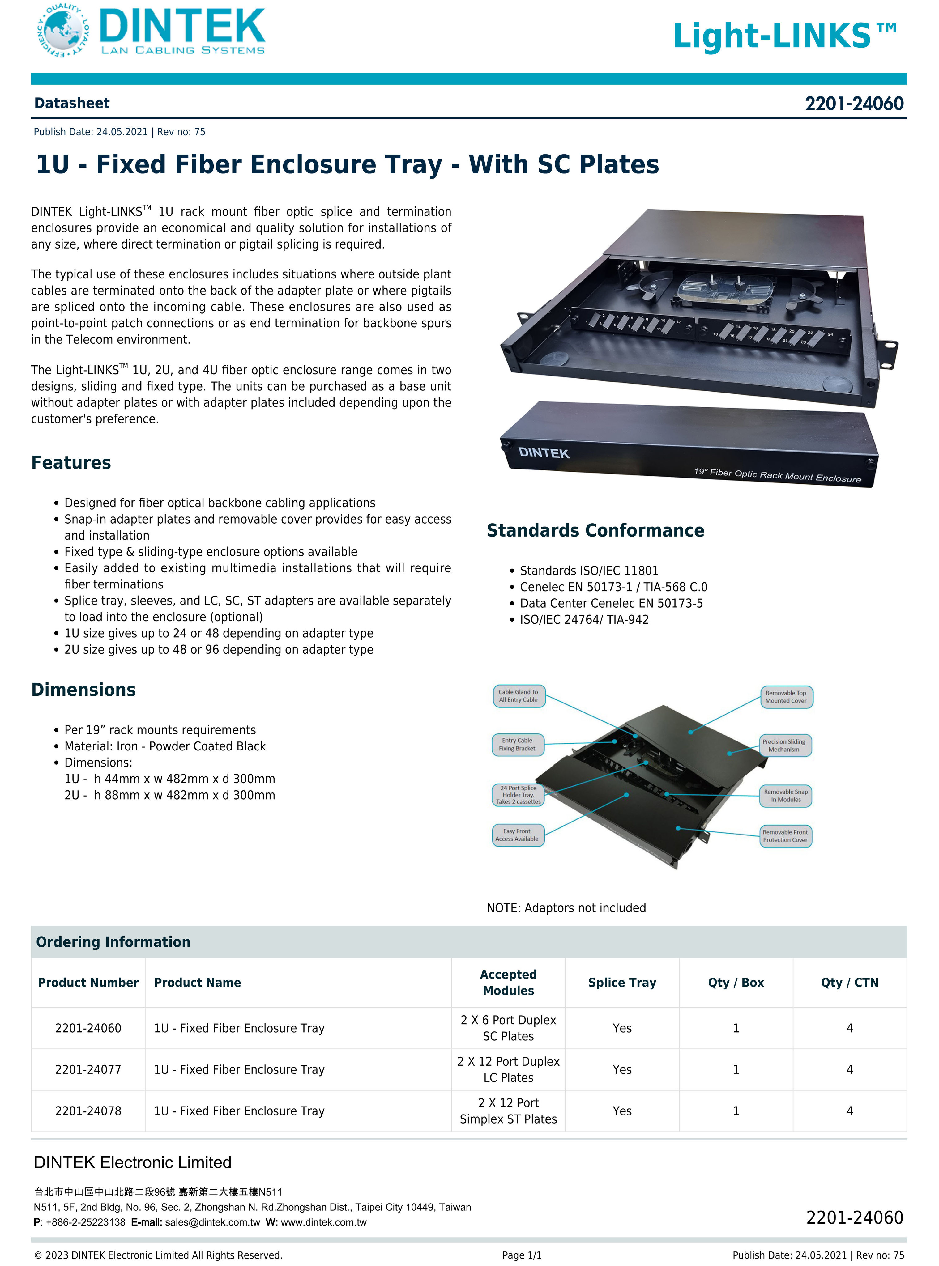 Dintek 2201-24060 1U - Fixed Fiber Enclosure Tray - With SC Plates ...