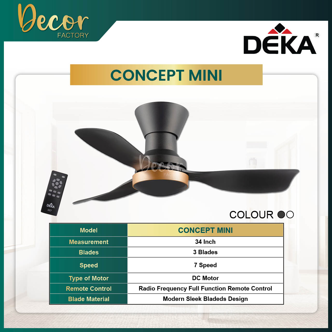DEKA Fan DEKA CONCEPT MINI 34" 3 Blades 7 Speed Forward+Reverse DC ...