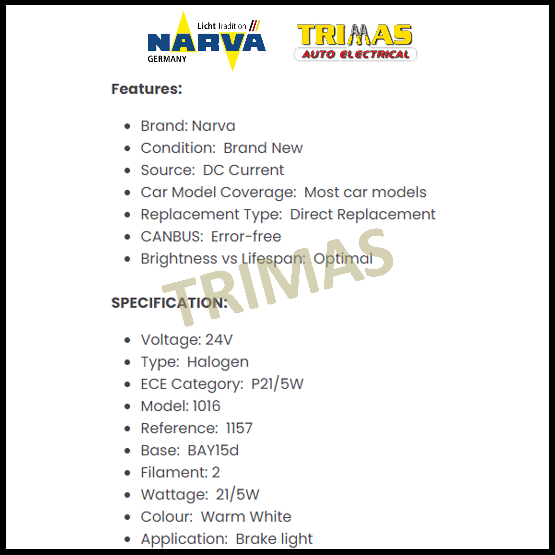 17925 Original Narva 1016 24V Germany BAY15d Brake Bulb (1PC) | Shopee ...