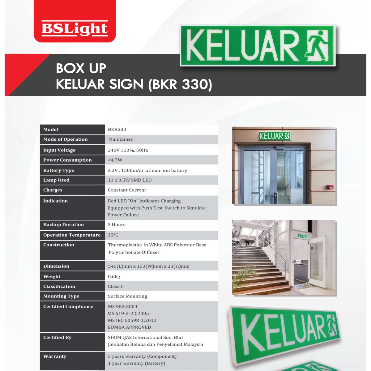 BSLIGHT LED Emergency Light KELUAR Sign Emergency Luminaire BOMBA SIRIM ...