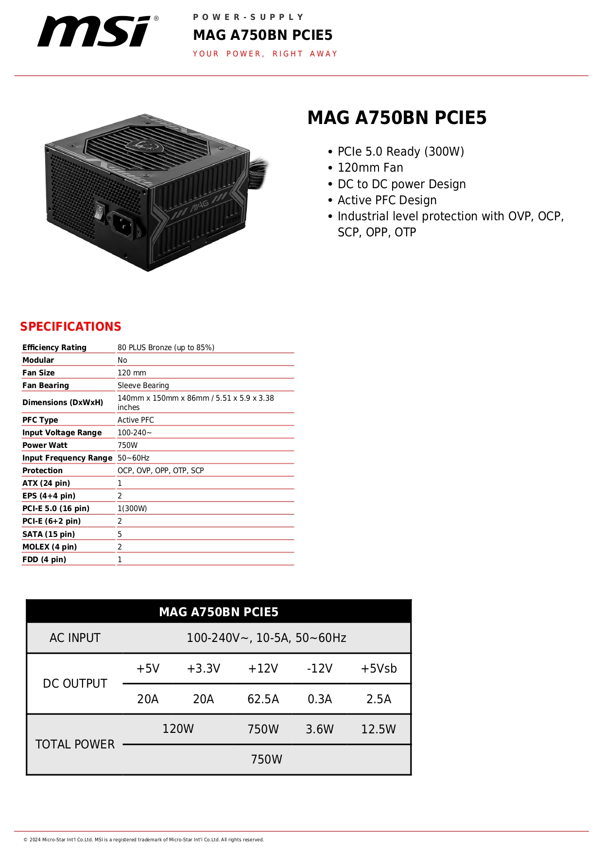 MSI MAG PCIE5 80 Plus Bronze Power Supply (750W) A750BN | Shopee Malaysia