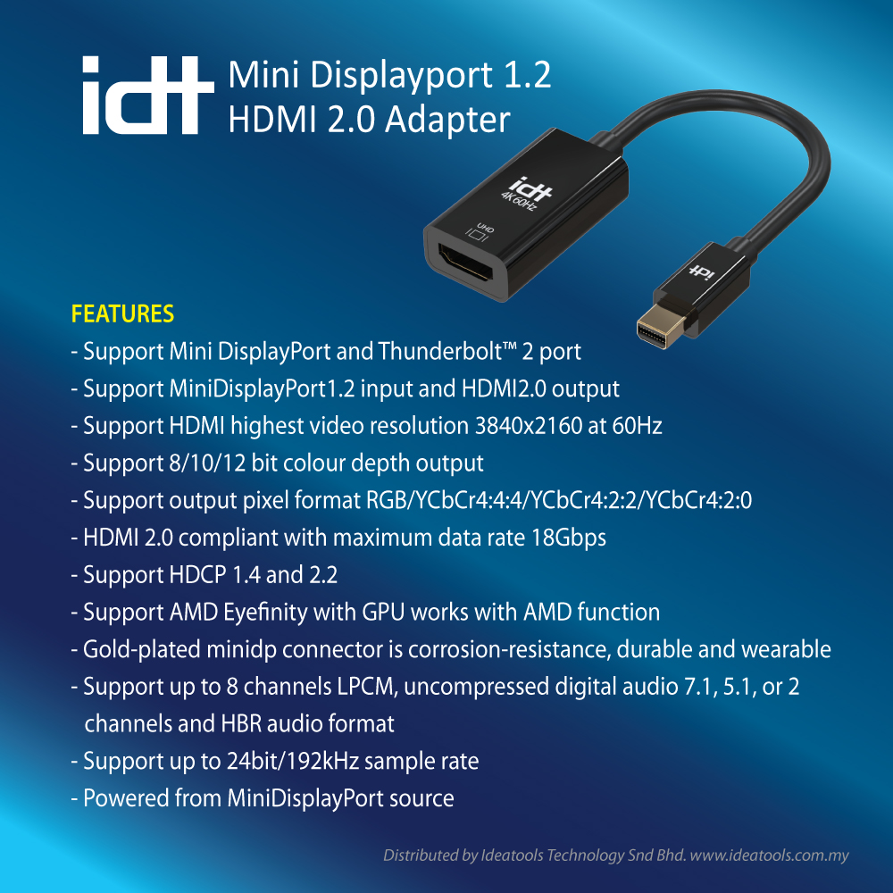 IDT Active Mini Displayport 1.2 Male to HDMI 2.0 Female Adapter Support ...