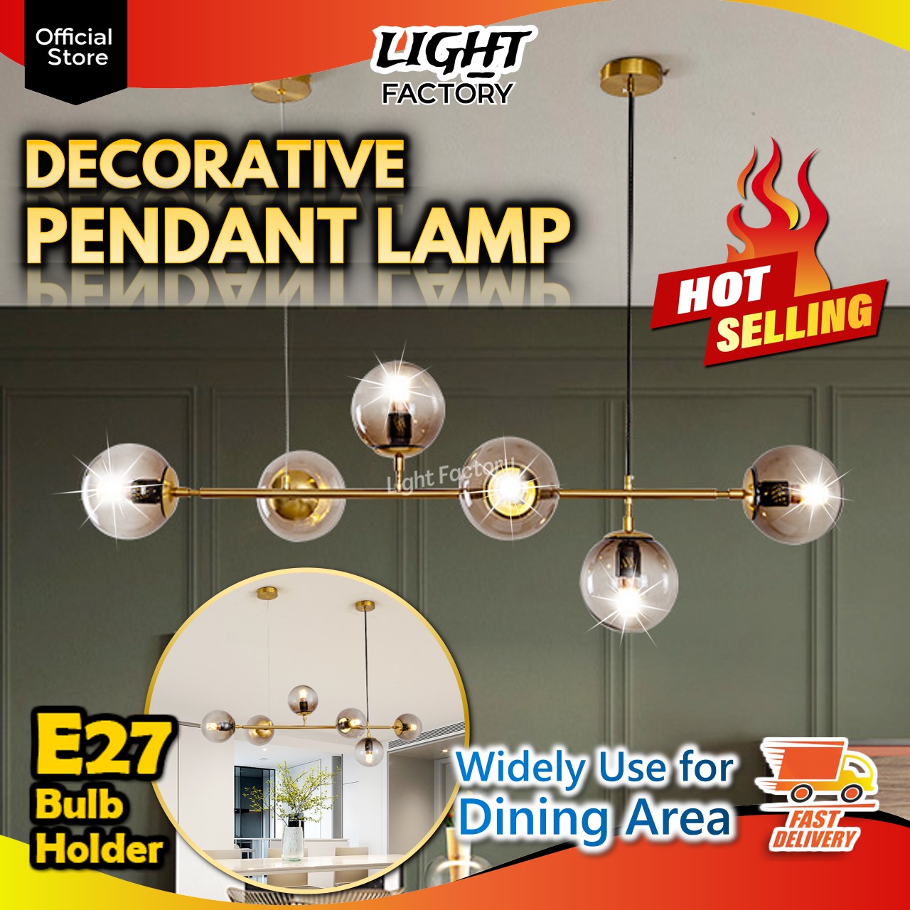 Decorative Pendant Light E27 Holder Nordic Pendant Lamp Golden Dining ...