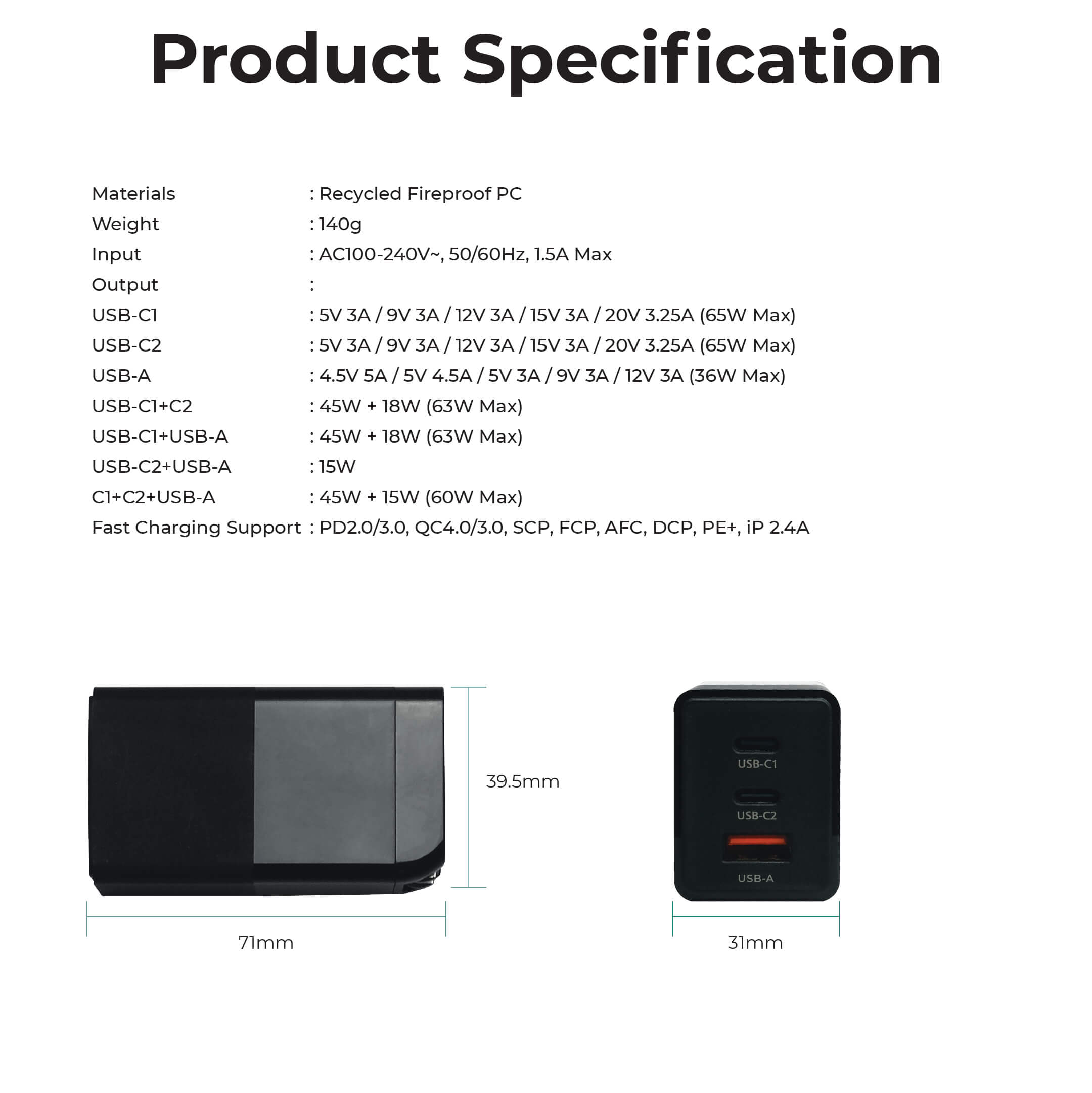 CURIO 3 Ports Travel GaN Fast Charger with Universal Plug/PD QC/2 USB-C ...