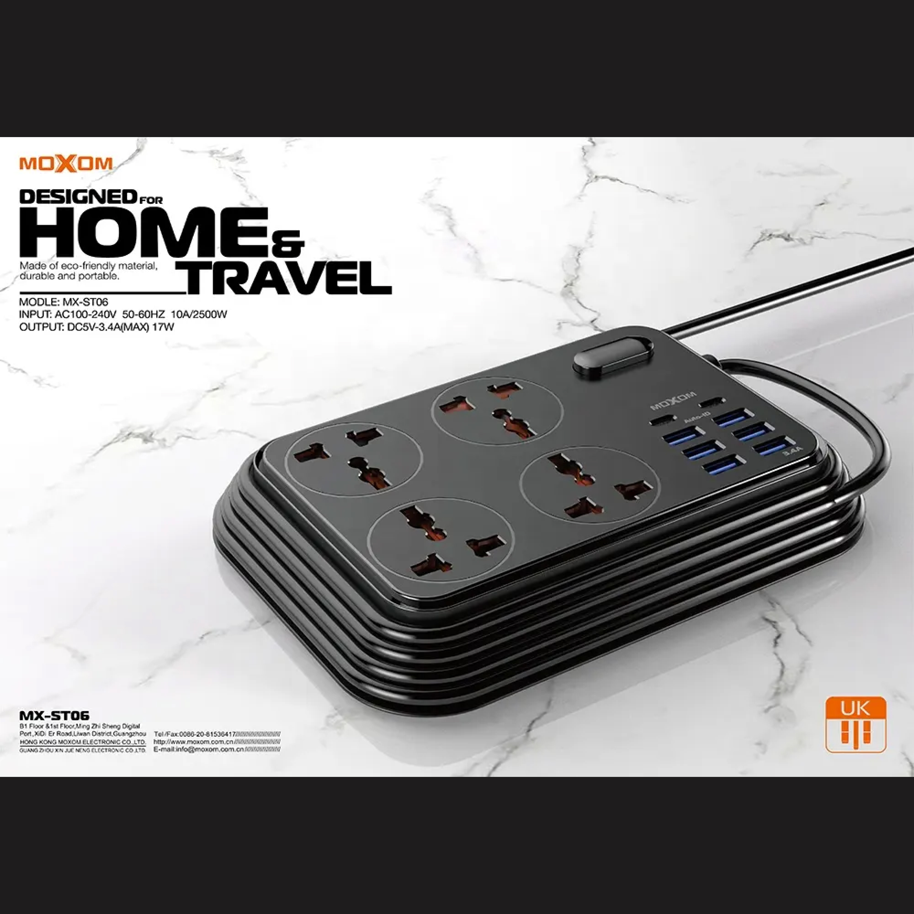 MOXOM MX-ST06 Extension Plug Cord with 4 Universal Socket with 6 USB ...
