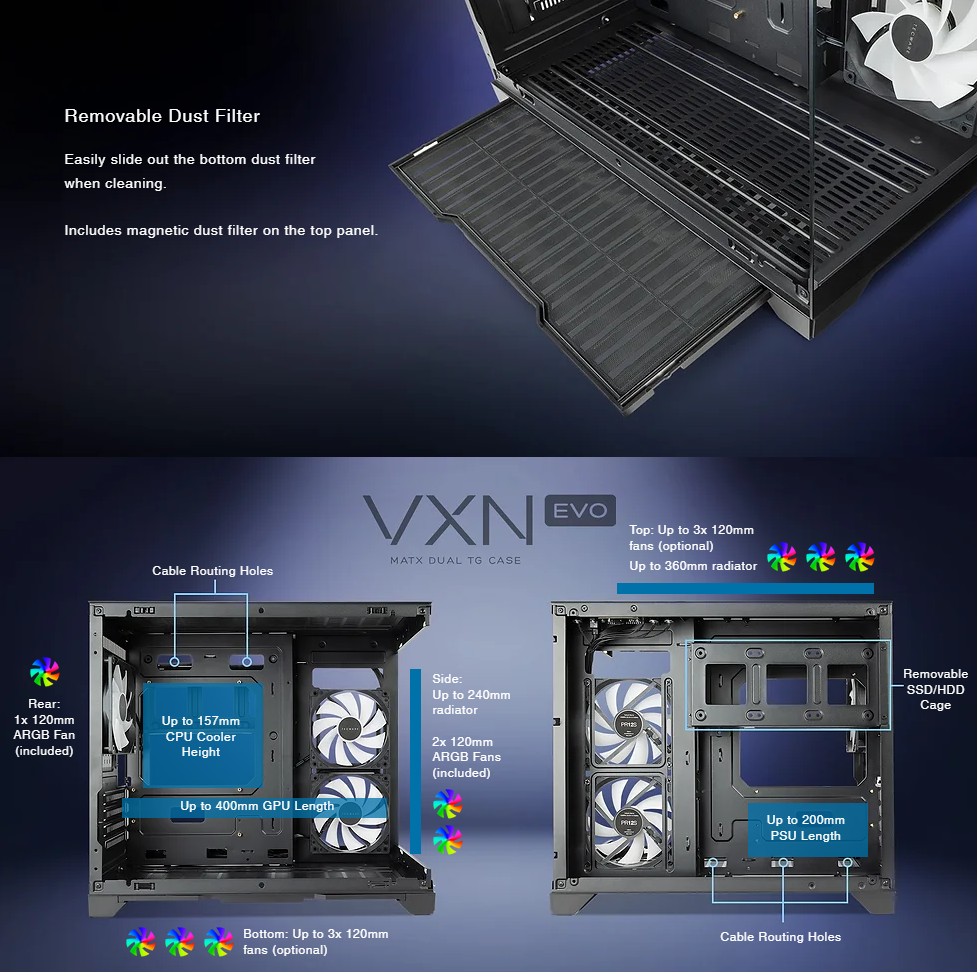Tecware VXN EVO Omni ARGB Dual Chamber TG mATX PC Case - Black / White ...